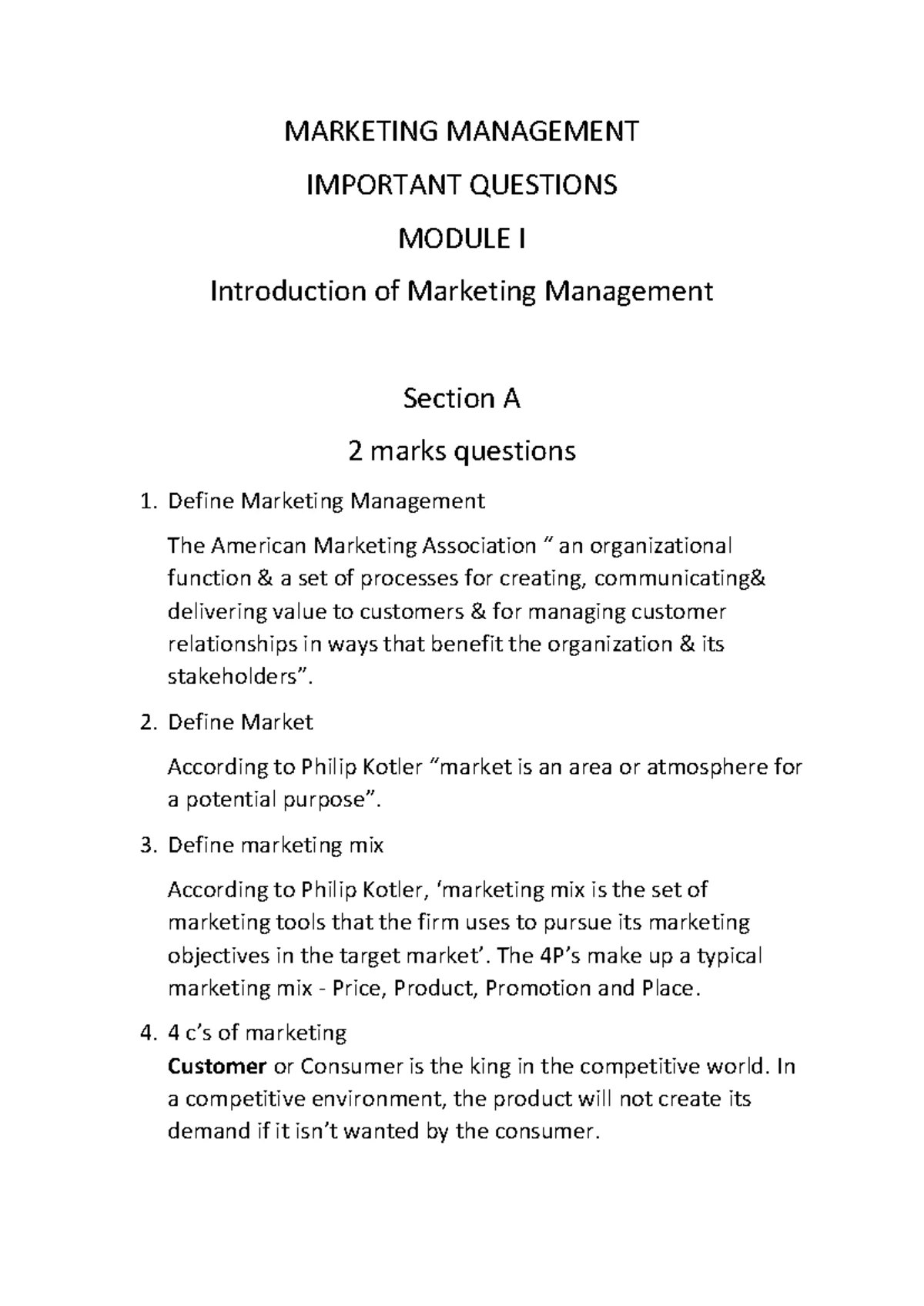Marketing Management Marketing Management Important Questions Module