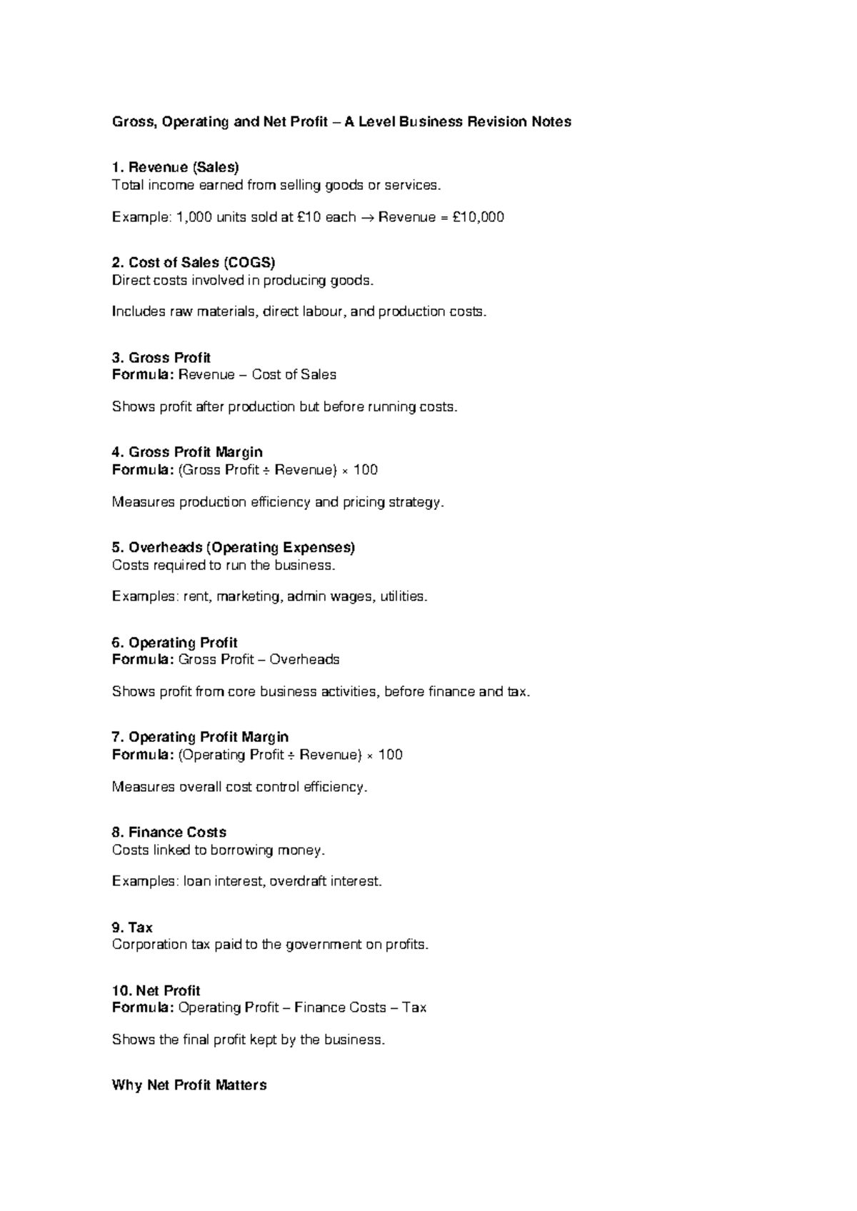 A Level Business Revision Notes: Gross, Operating & Net Profit - Studocu