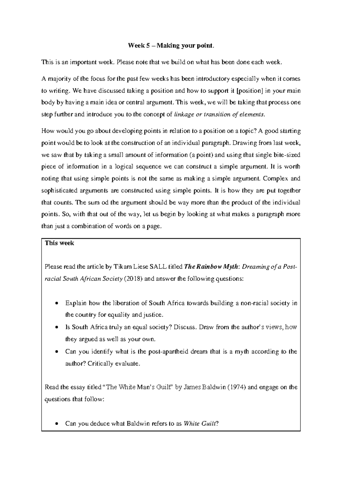 Week 5 - Lecture notes and Tutorials - Week 5 – Making your point. This ...