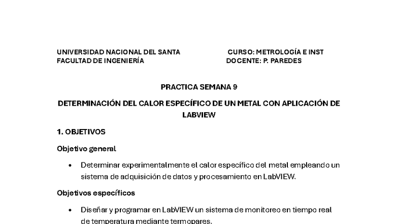 SEM 9: Determinación del Calor Específico de un Metal con LabVIEW - Studocu