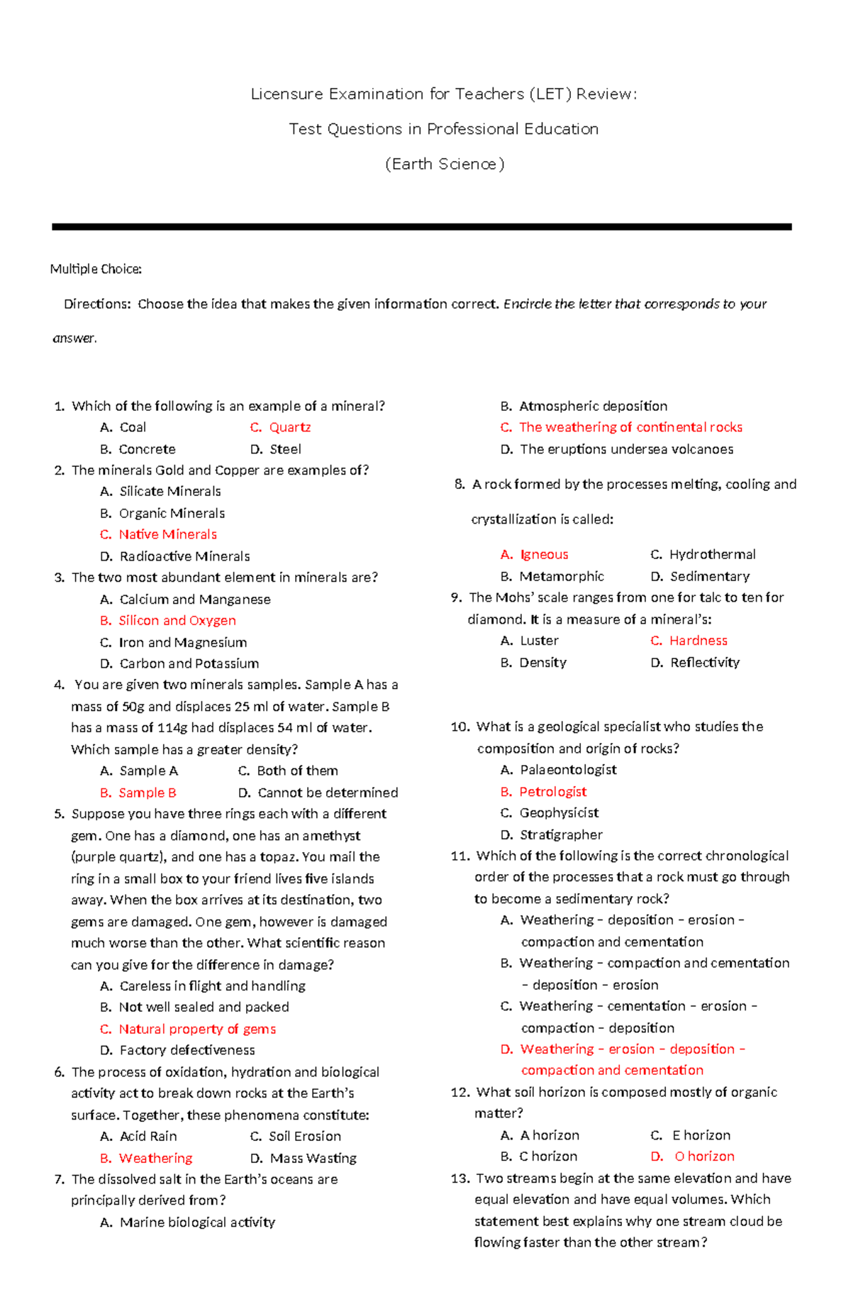 BIO 101: LET Review - Earth Science Test Questions & Answer Key - Studocu
