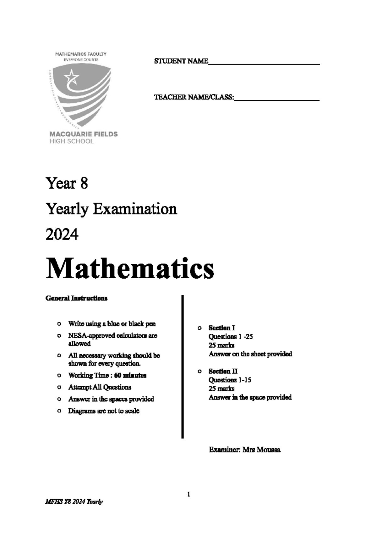 MATHEMATICS MFHS Y8 2024 Yearly Examination Guide - Studocu
