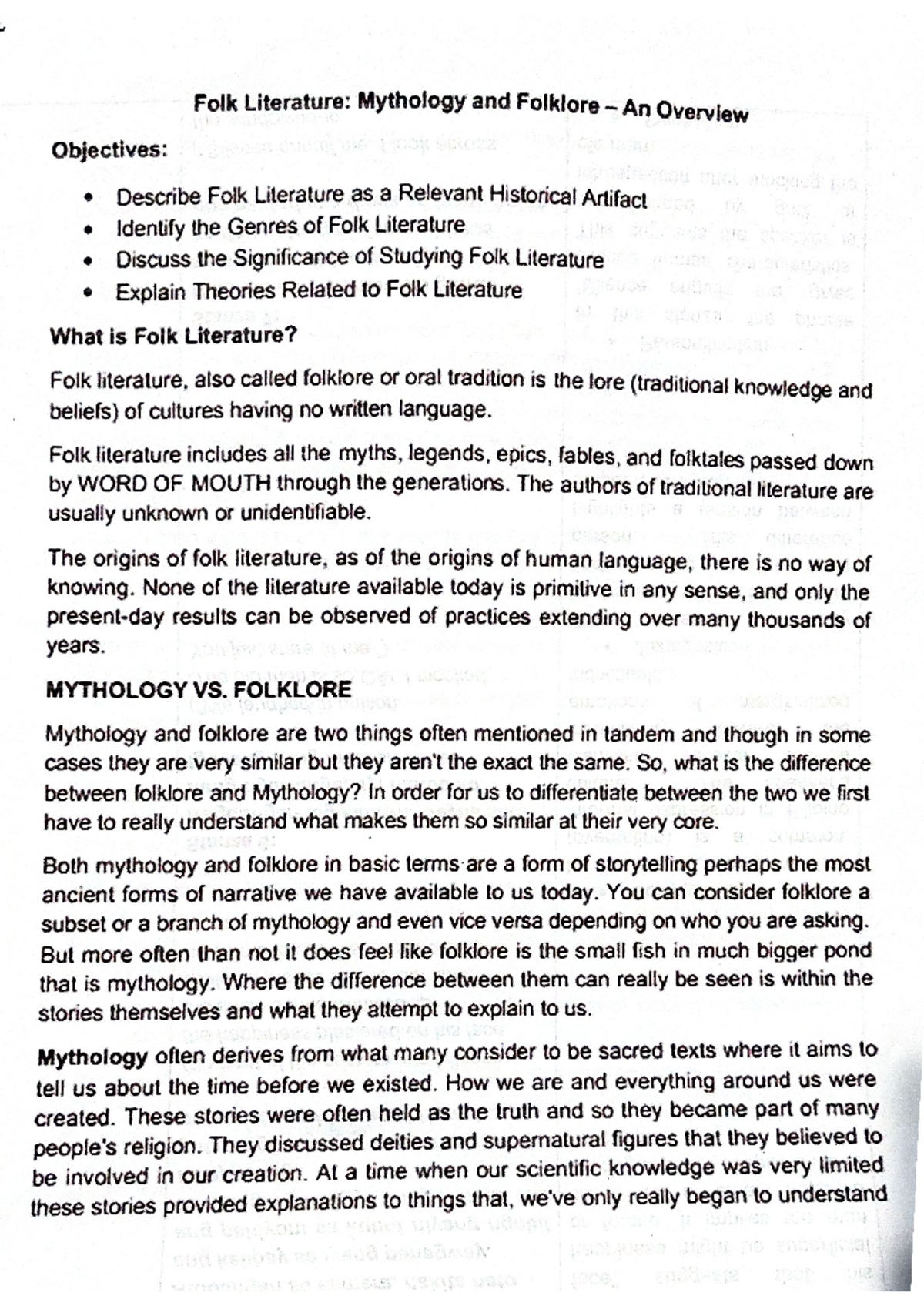 Folk Literature: An Overview of Mythology and Folklore Studies - Studocu