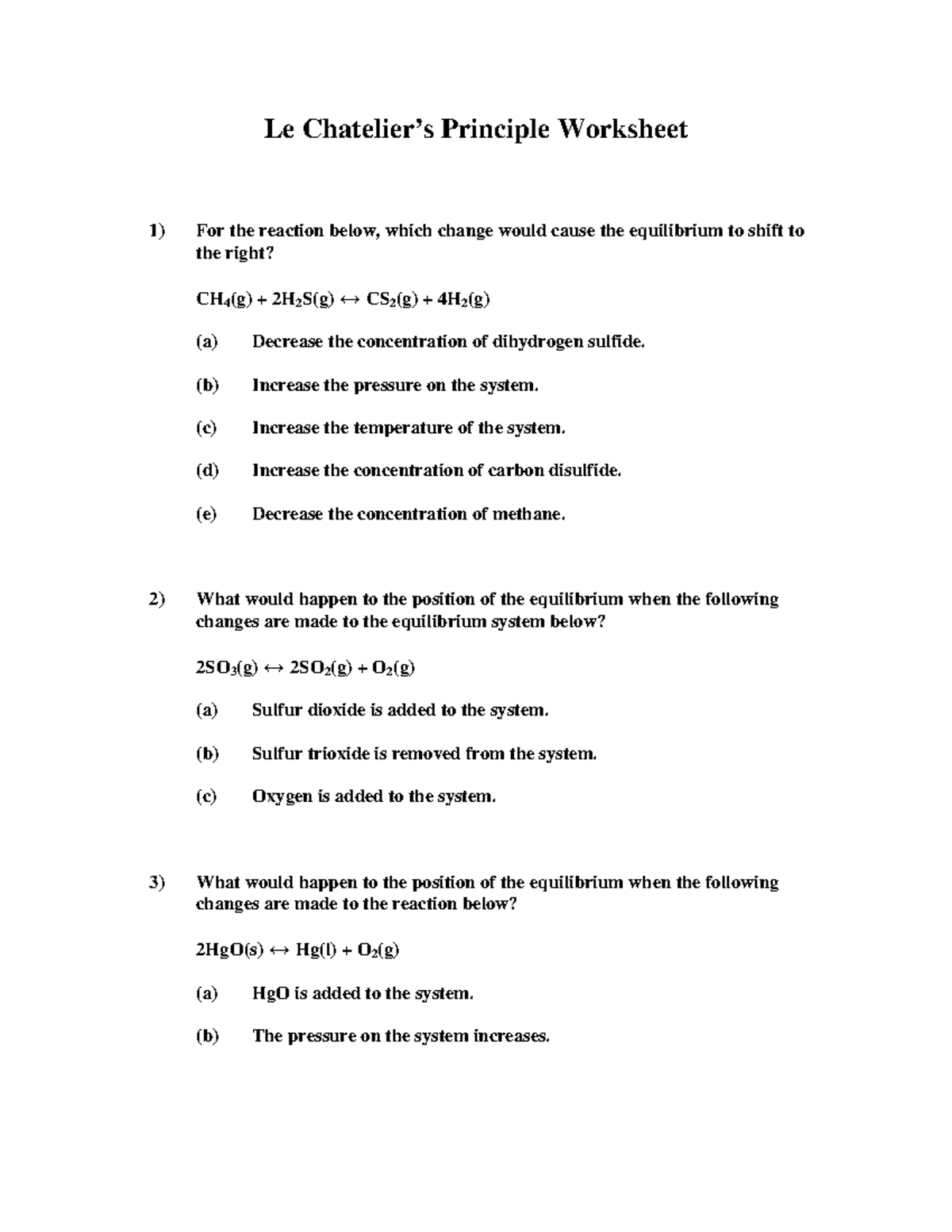 Le Chatelier's Principle Practice Questions & Worksheet - Studocu