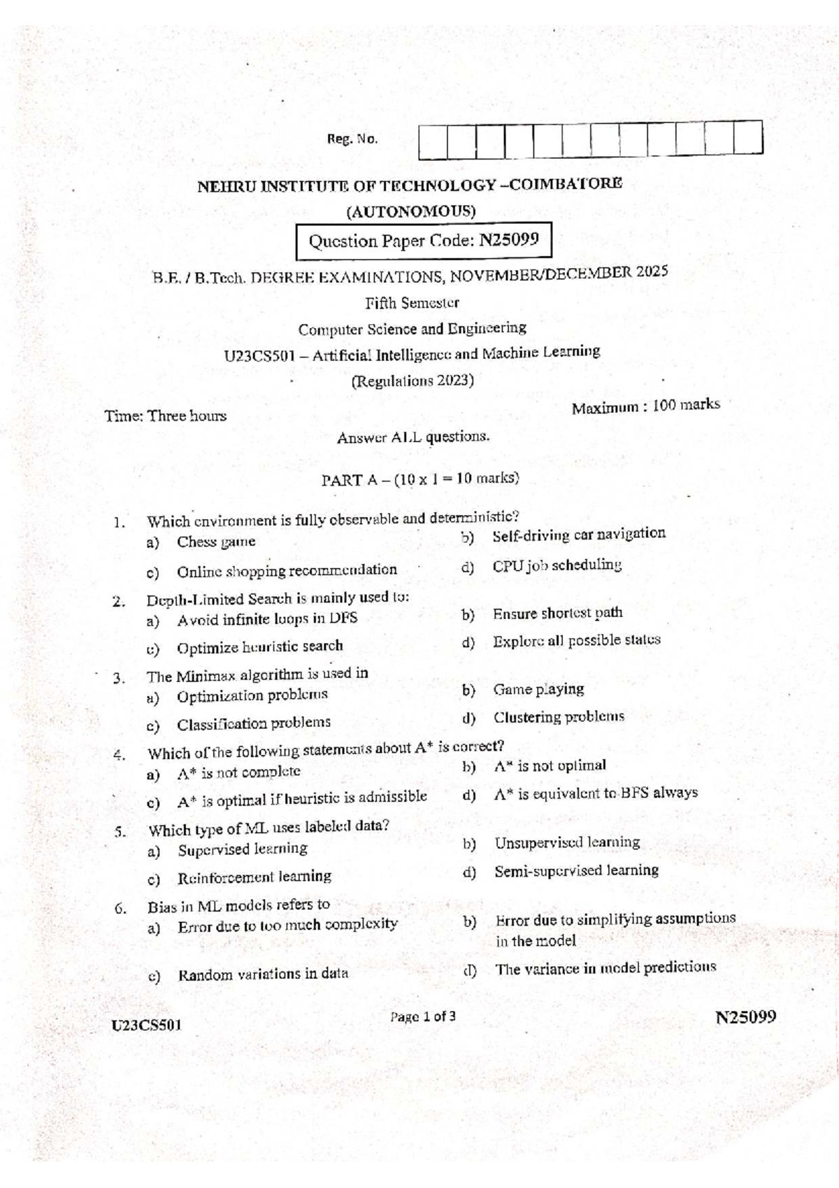 U23CS501 - AI & ML Fifth Semester Exam Question Paper (Nov-Dec 2025) - Studocu