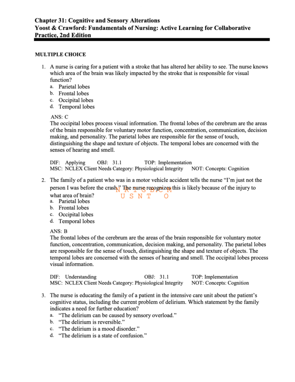 Ch. 31: Cognitive & Sensory Alterations - Nursing Fundamentals MCQs ...