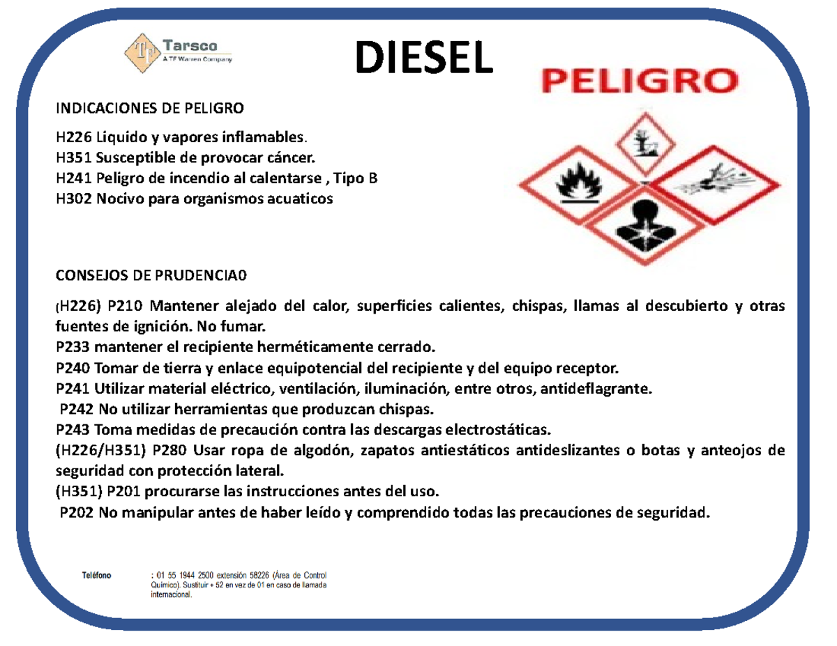 SGA Diesel: Indicaciones y Consejos de Seguridad en Manejo - Studocu
