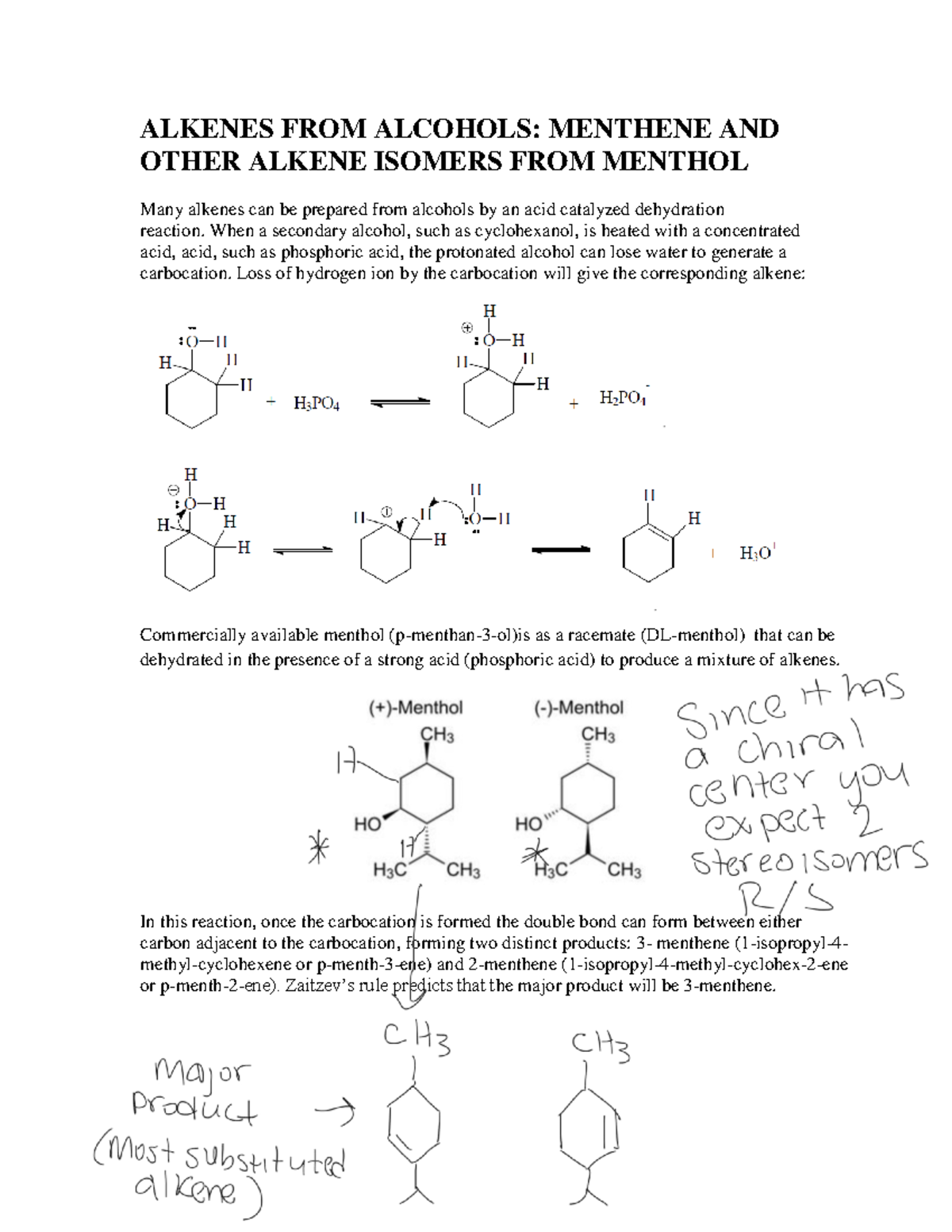 ALKENES FROM ALCOHOLS: MENTHENE & ISOMERS (CHEM 101) - Studocu