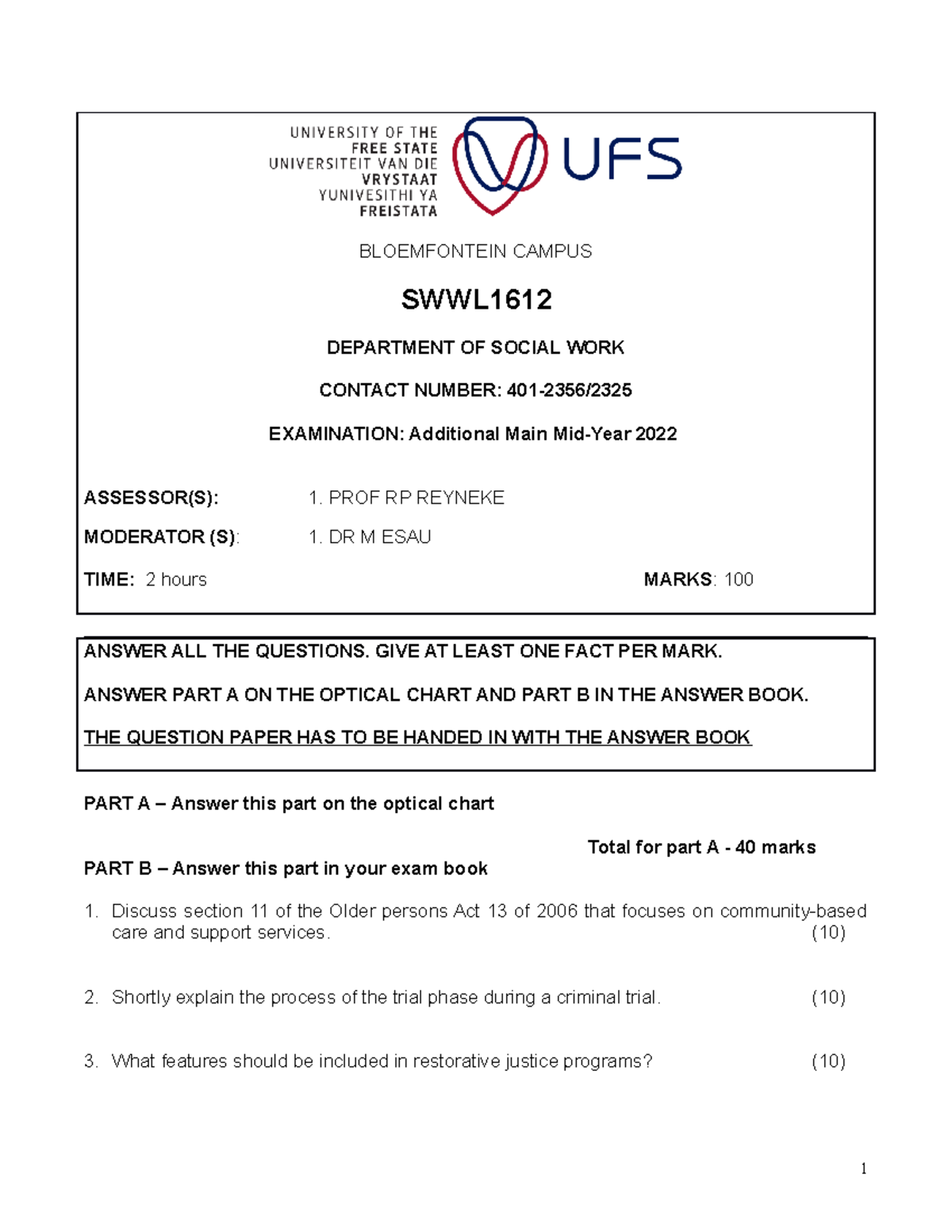 SWWl1612 example exam test - BLOEMFONTEIN CAMPUS SWWL DEPARTMENT OF ...
