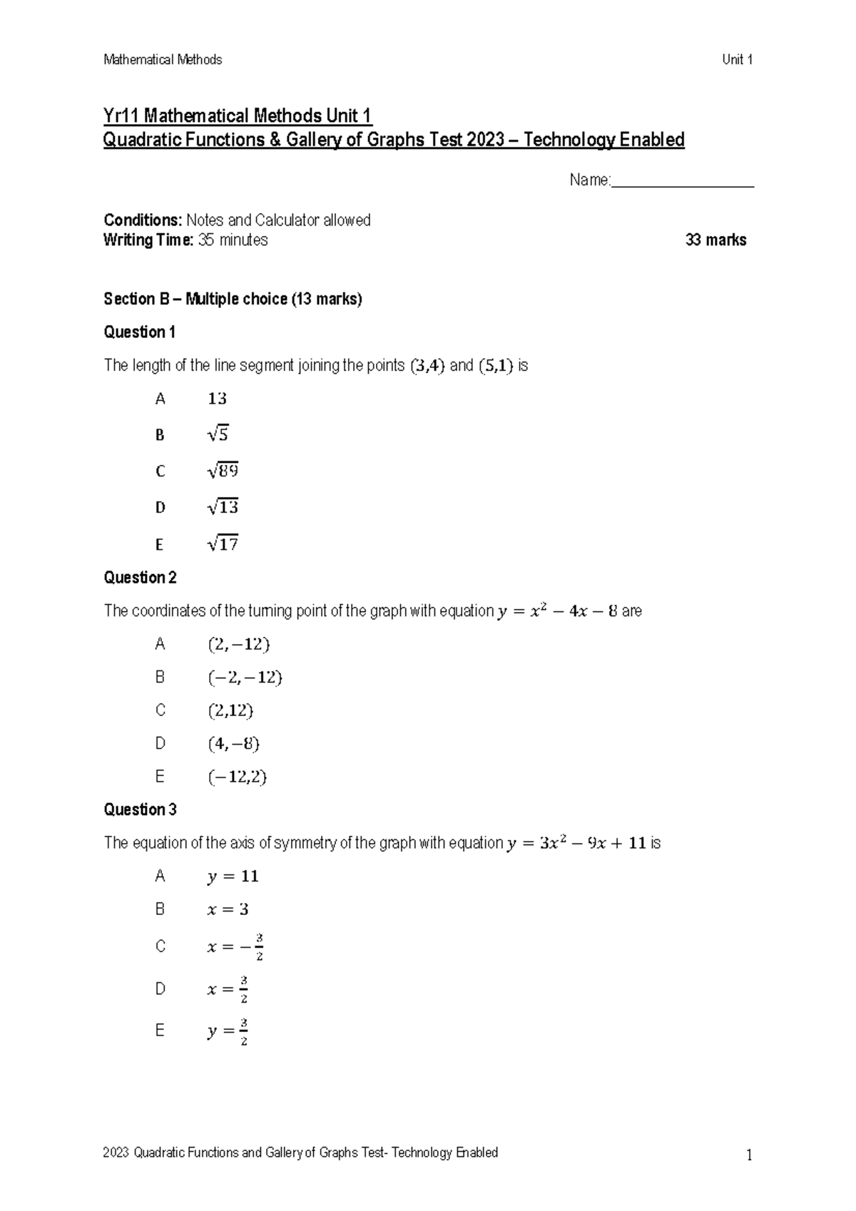 2023 Mathematical Methods Unit 1 Quadratic Functions Test Notes - Studocu