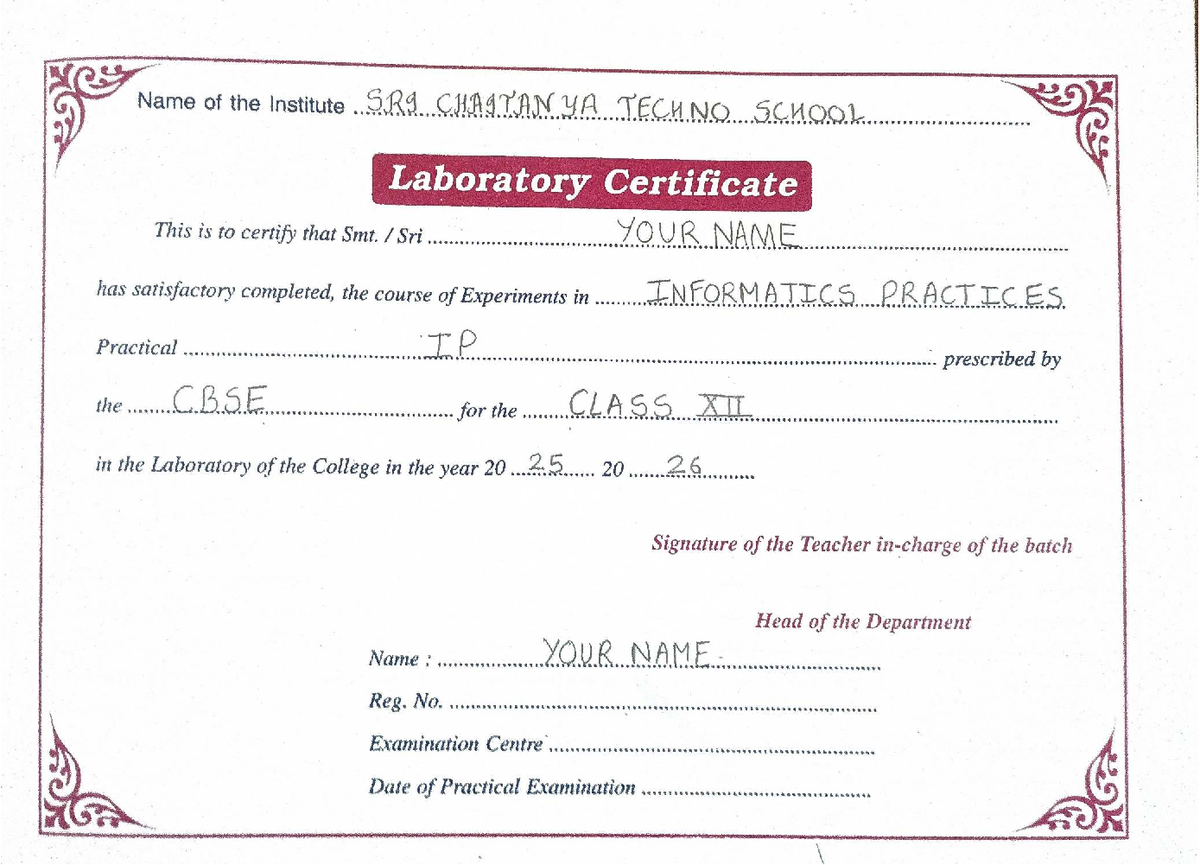 Laboratory Certificate for Informatics Practices (IP) - Class XII - Studocu
