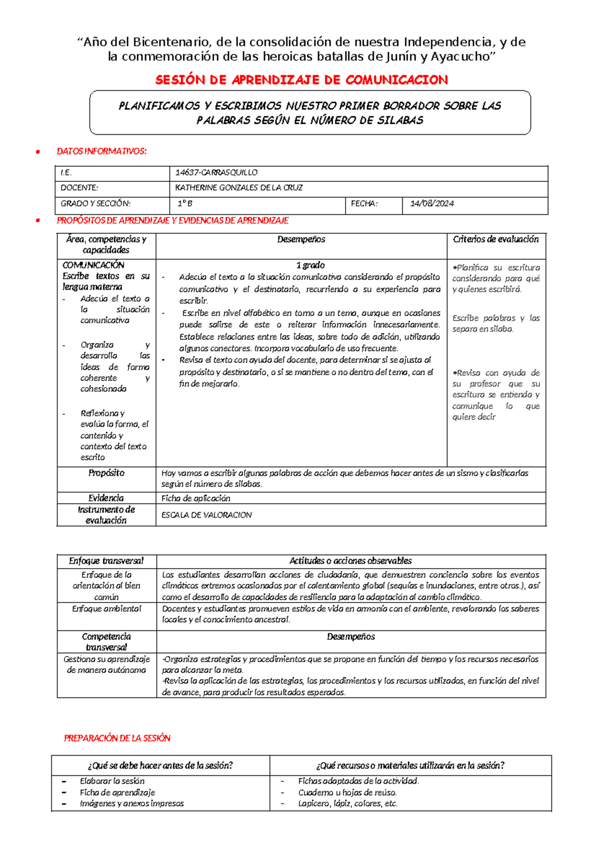 1º U5 S2 Sesion D3 Palabras Según el Número de Sílabas en Comunicación ...