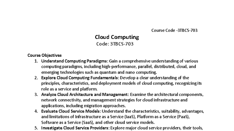 Cloud Computing Course Objectives and Syllabus Overview - Studocu