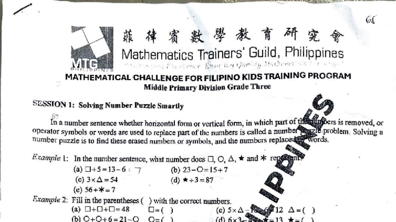 MTG 1 - Solving Number Puzzles for Grade 3 Training Program - Studocu