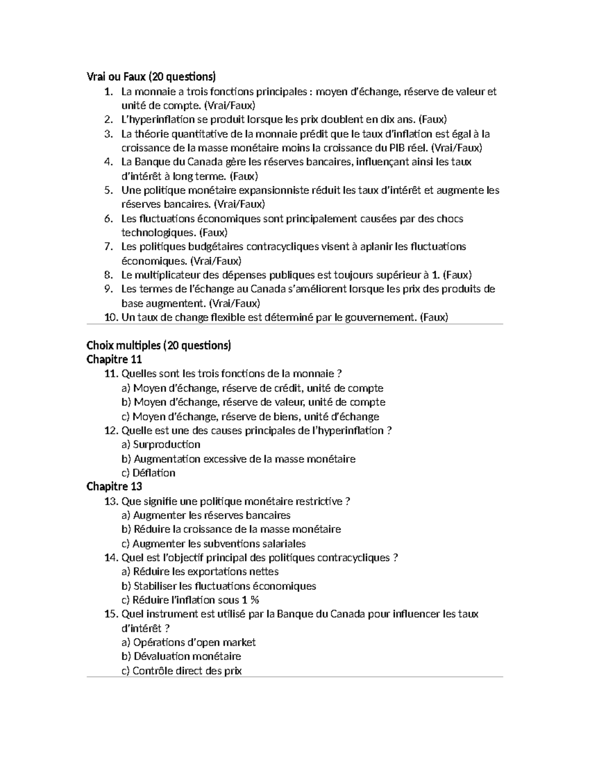 Révision Macro - Vrai ou Faux et Questions à Choix Multiples (Ch. 11 ...