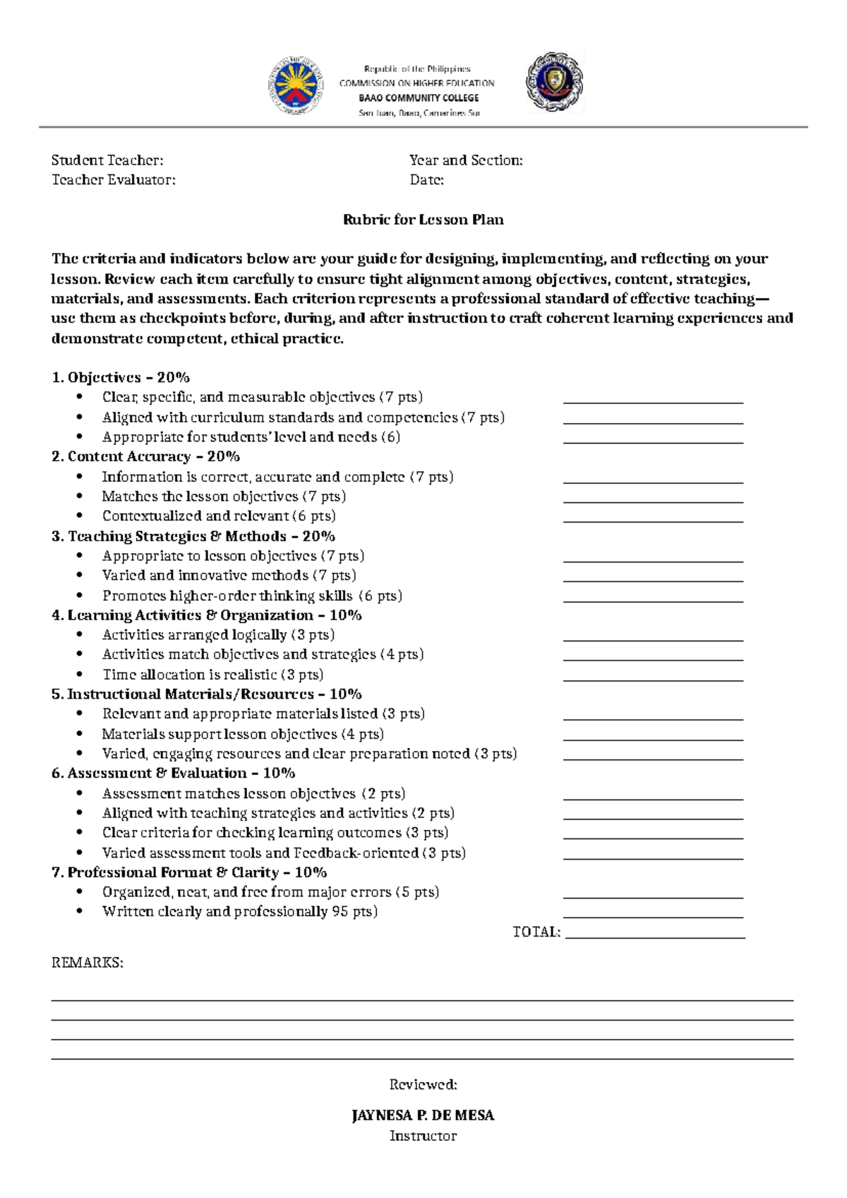 LP Rubric for Lesson Plan Evaluation - ANANANA - Studocu
