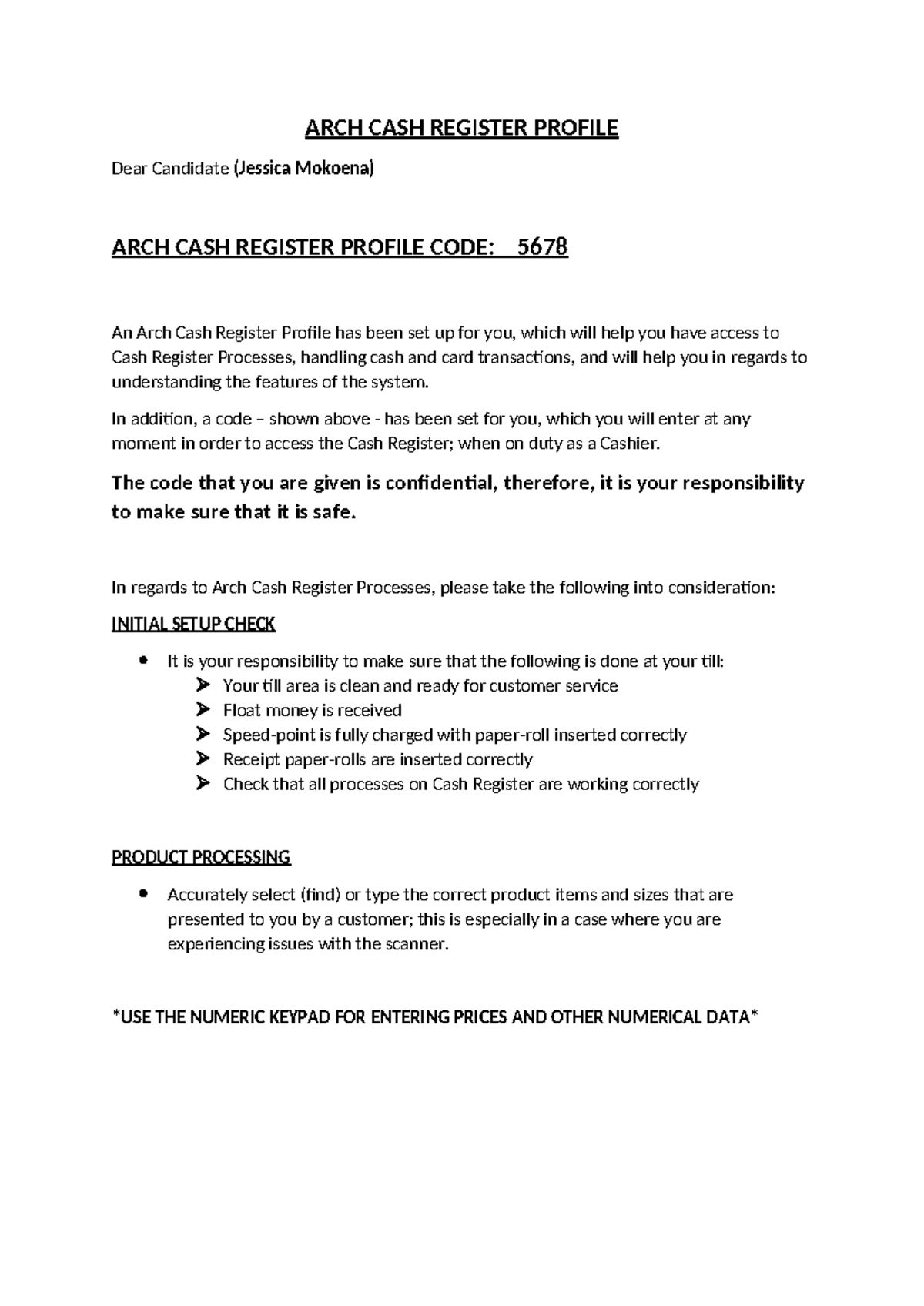 ARCH CASH REGISTER PROFILE CODE: 5678 - Candidate Guide - Studocu