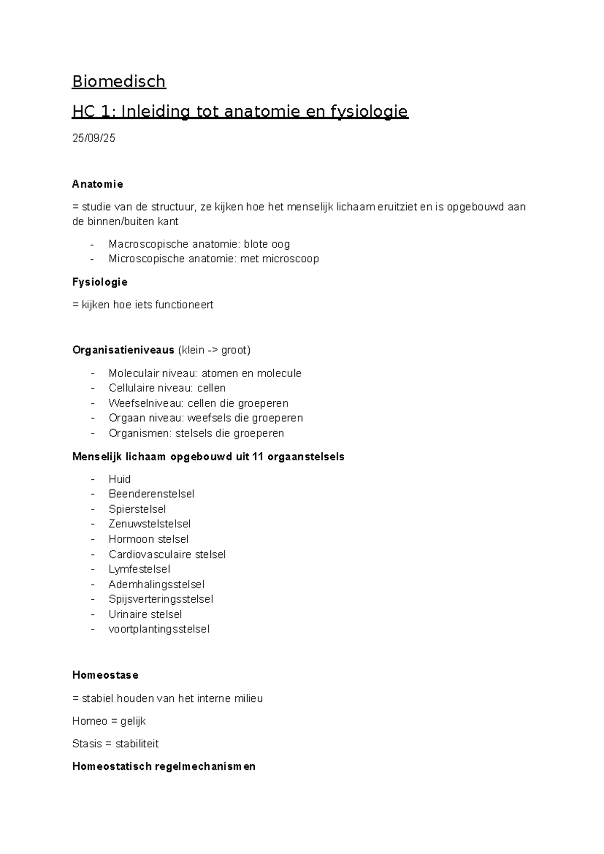 Samenvatting HC 1: Inleiding tot Anatomie en Fysiologie - Studocu