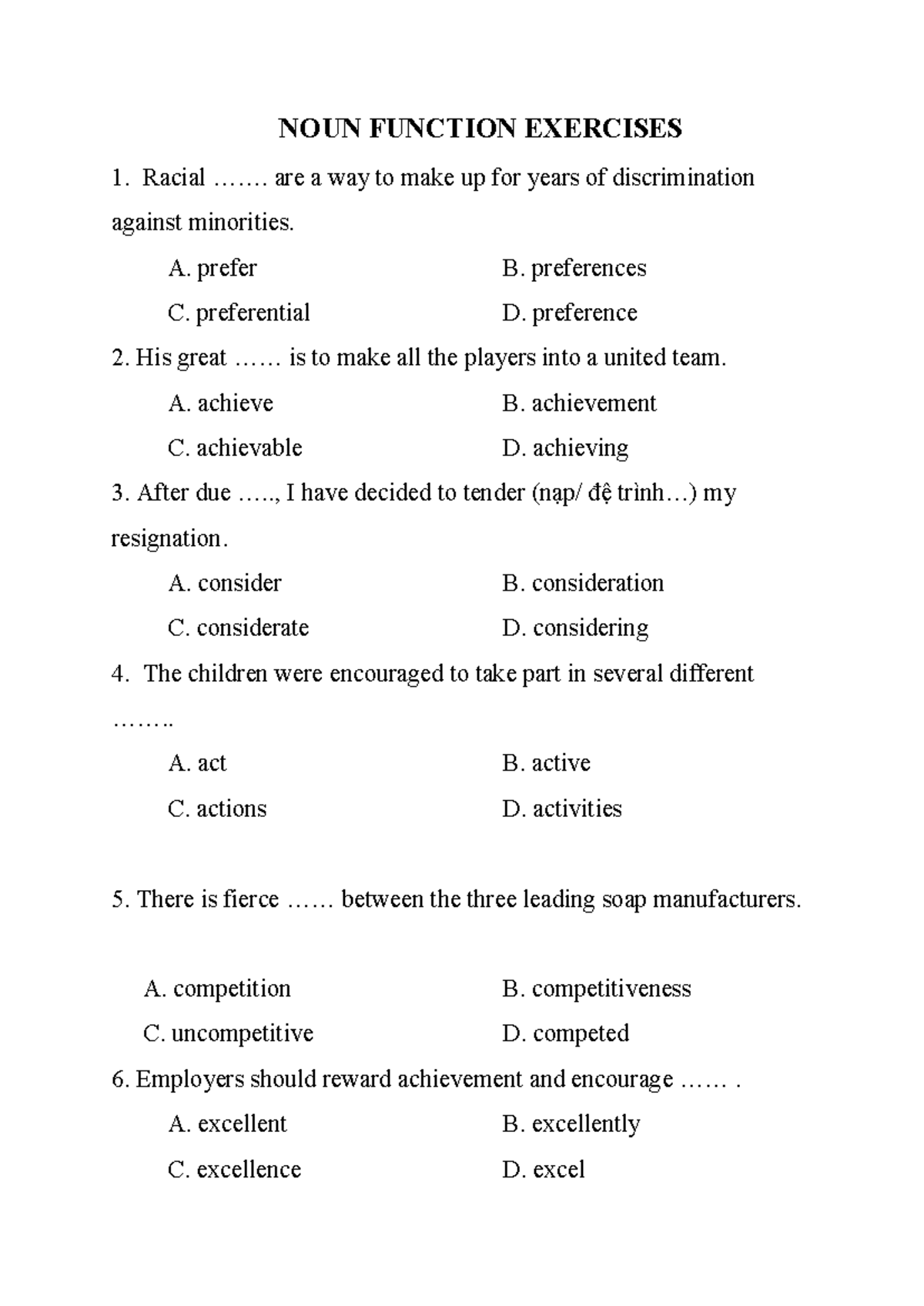 NOUN FUNCTION EXERCISES: Practice Questions and Answers - Studocu