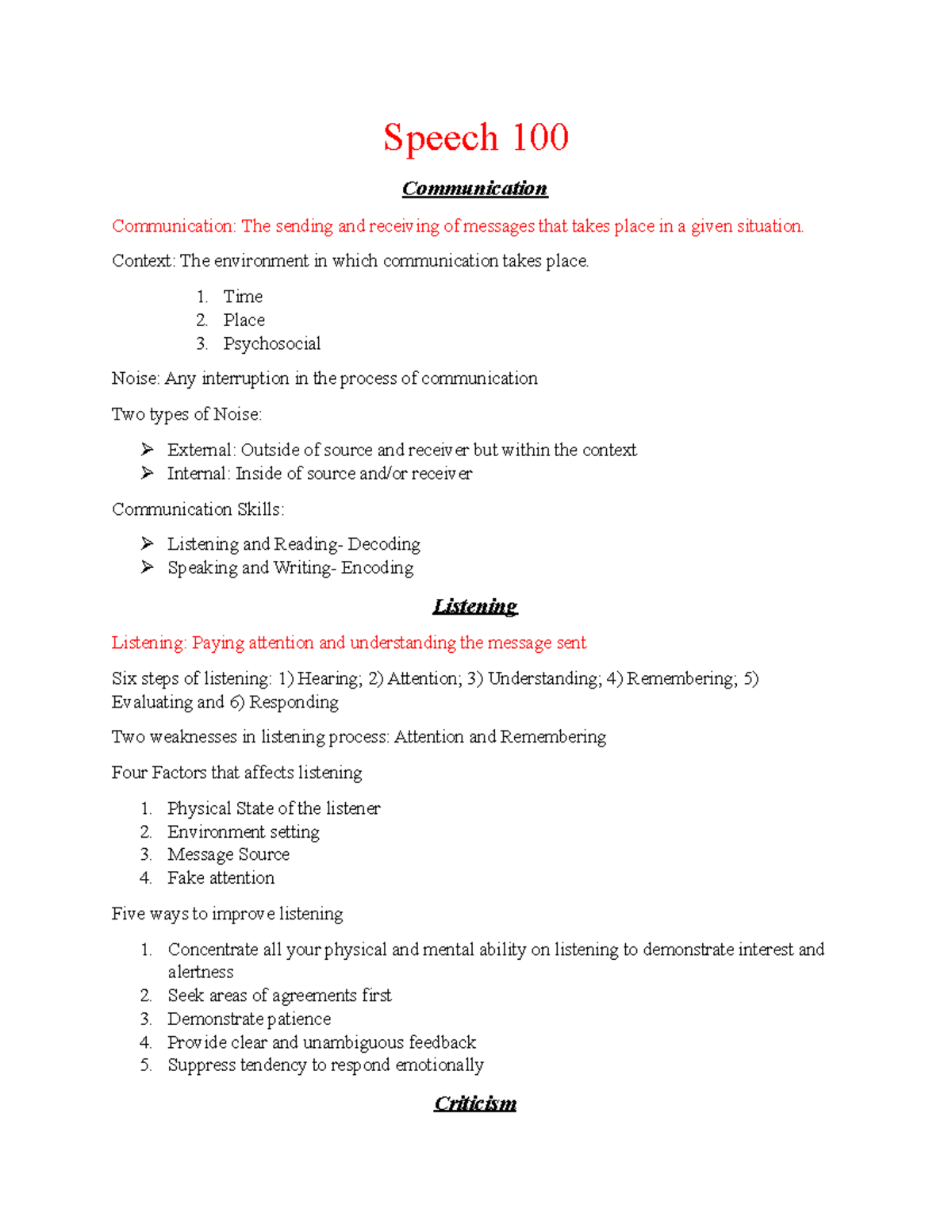 Speech 100 Notes - Speech 100 Communication Communication: The sending ...