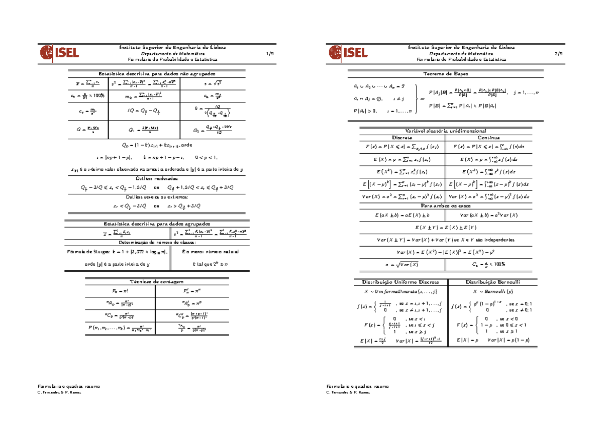Formulário de Probabilidade e Estatística - PE - Studocu