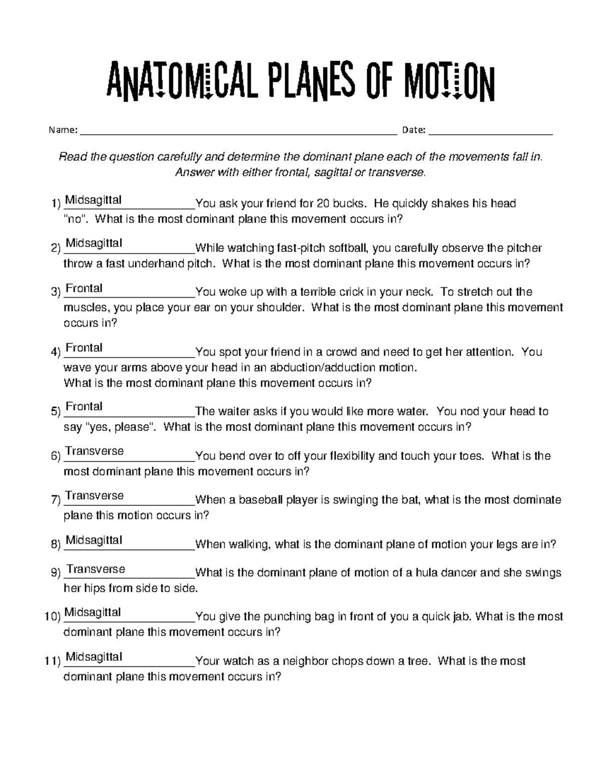 Anatomical Planes of Motion Worksheet (Course Code: AP101) - Studocu