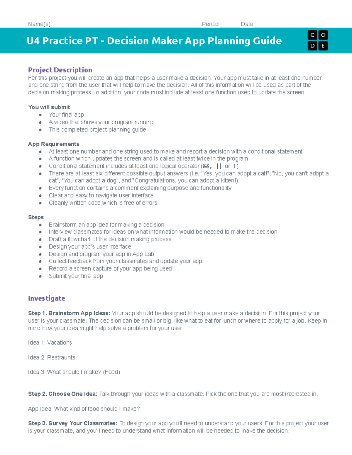U4 Project: Decision Maker App Planning Guide and Requirements - Studocu