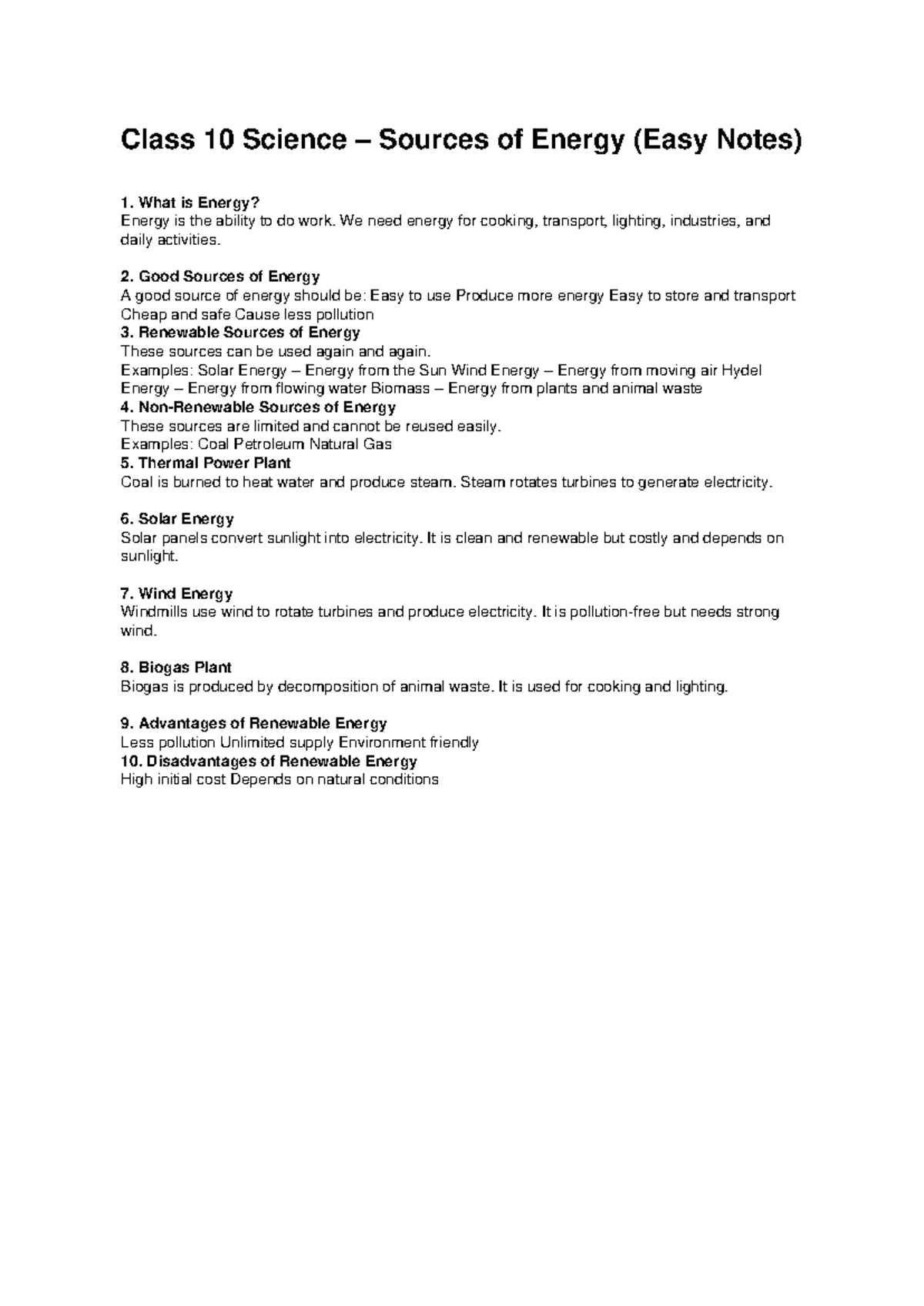 Class 10 Science: Sources of Energy (Easy Notes) - Studocu