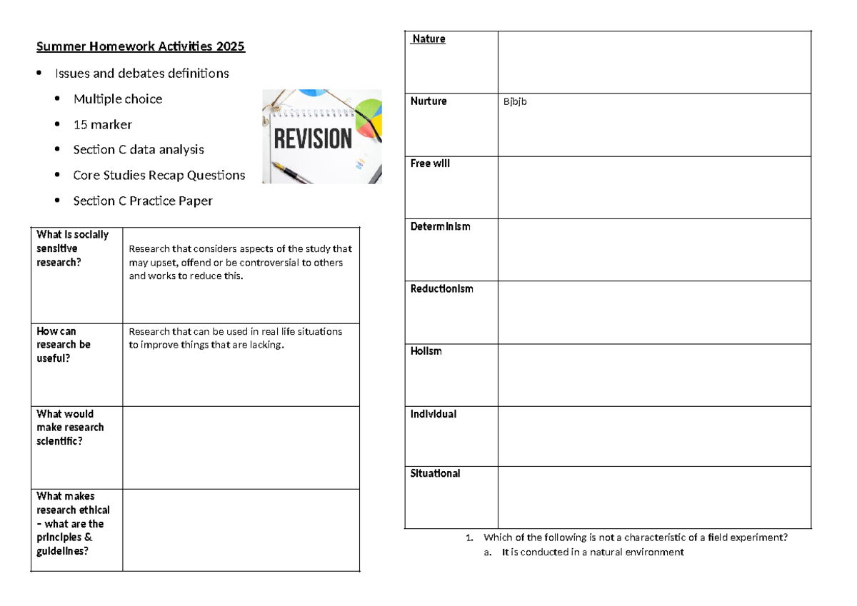 Summer Homework 2025 - Nature Issues & Core Studies Practice - Studocu