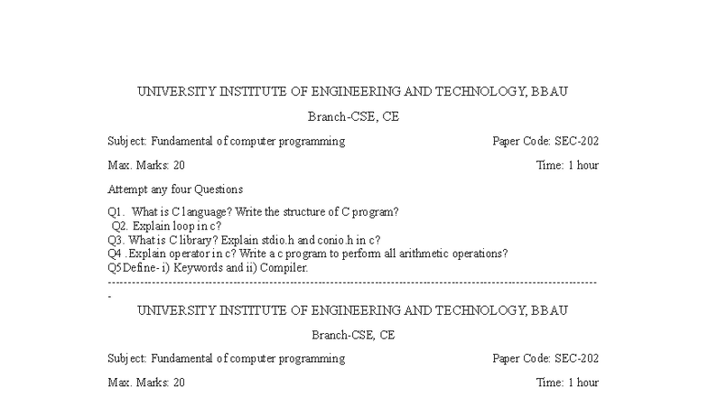 Fundamentals of Computer Programming - BBAU CE - Paper Code: 20 Marks ...