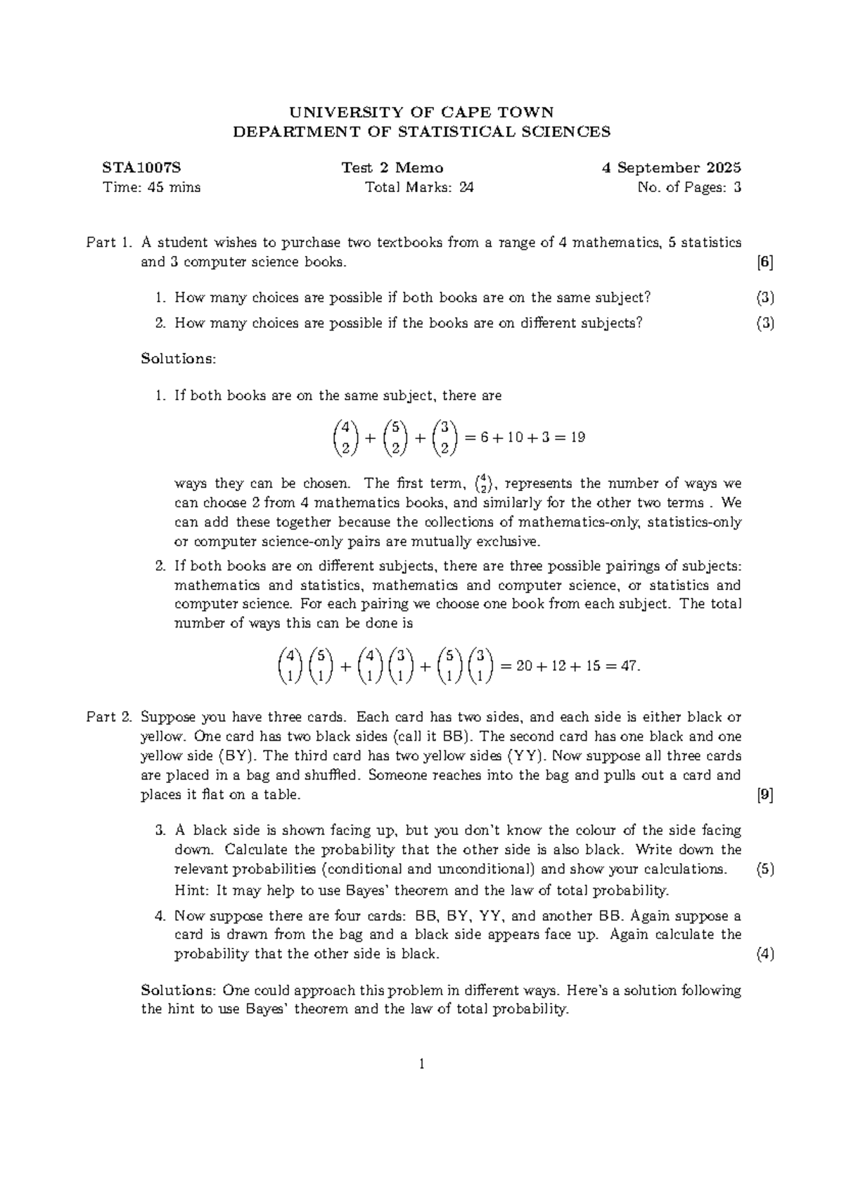 2025 STA1007S Test 2 Memo: Probability & Statistics Solutions - Studocu