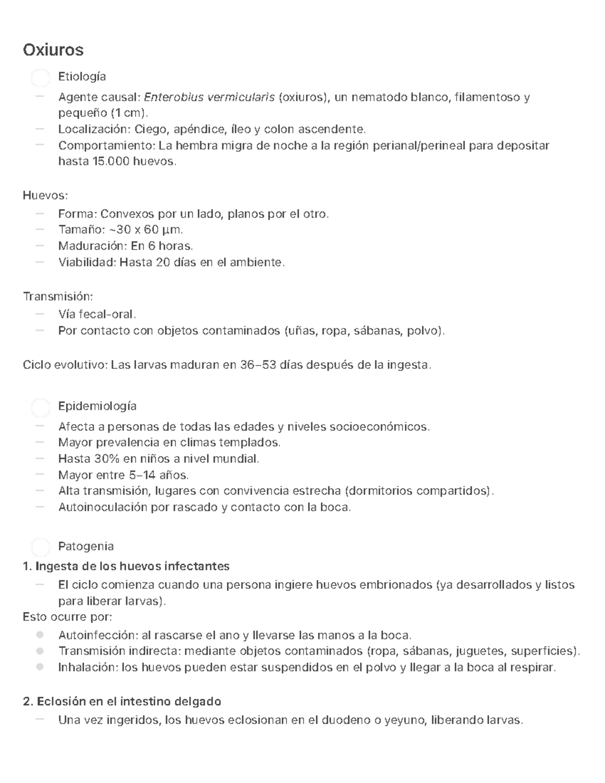Oxiuros: Etiología y Ciclo Evolutivo de Enterobius vermicularis - Studocu