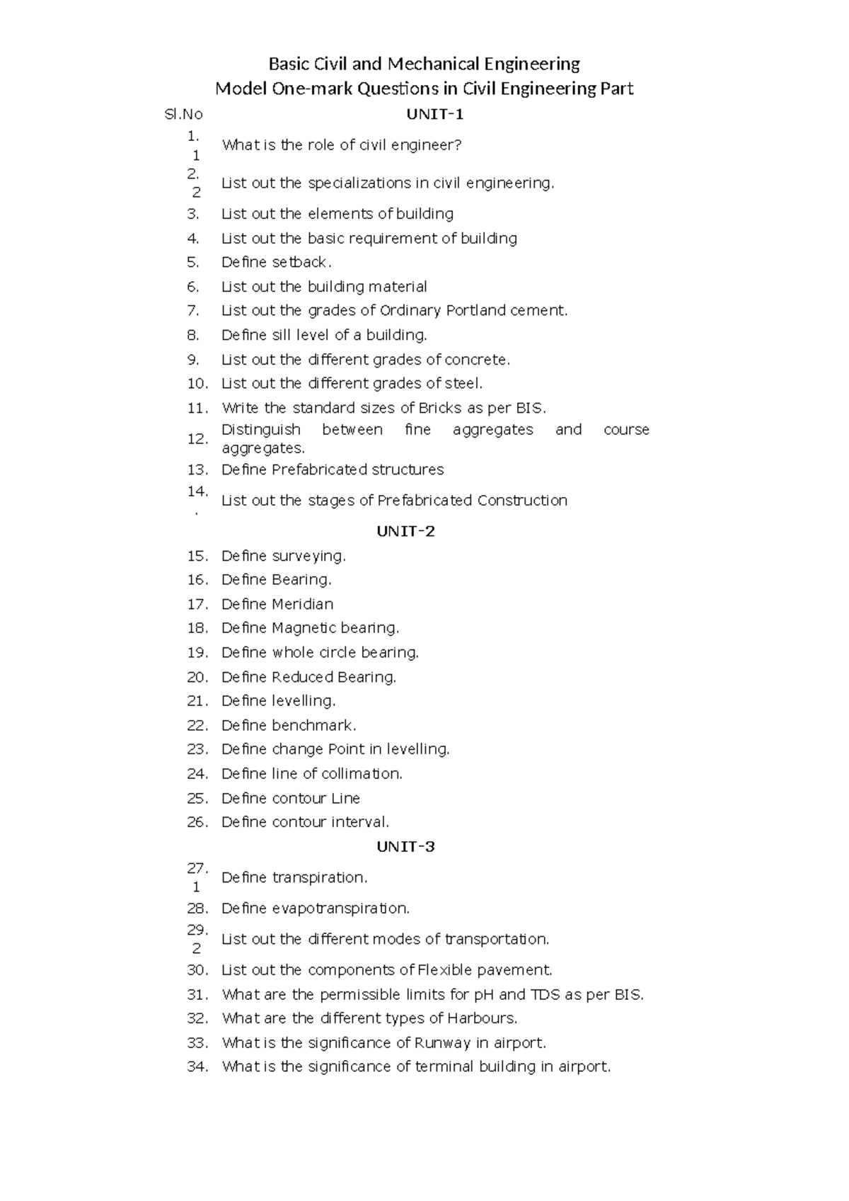 One Mark Questions - BCME: Basic Civil & Mechanical Engg. - Studocu