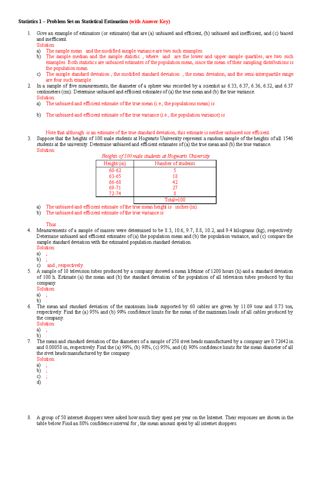 Statistics 1 Problem Set 1: Estimation Answer Key Solutions - Studocu