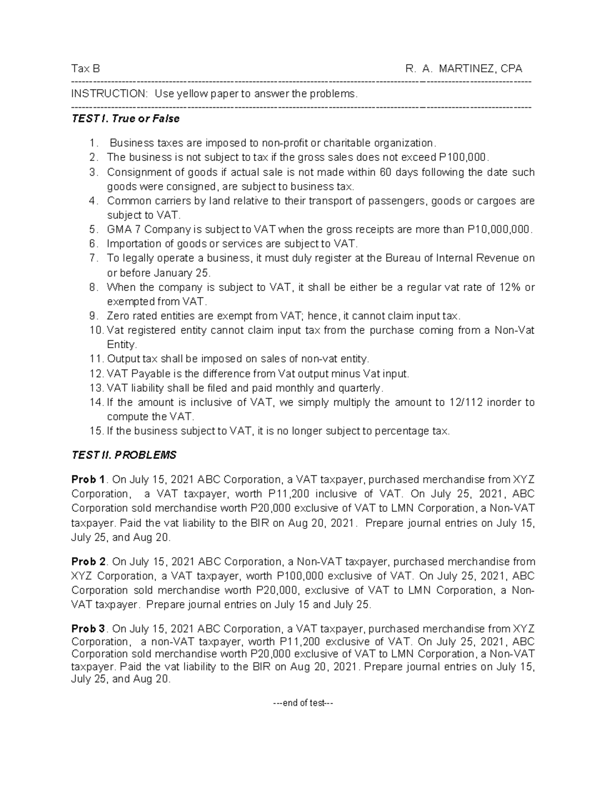 VAT Problems - Taxation Issues and Journal Entries (B R. A. MARTINEZ ...