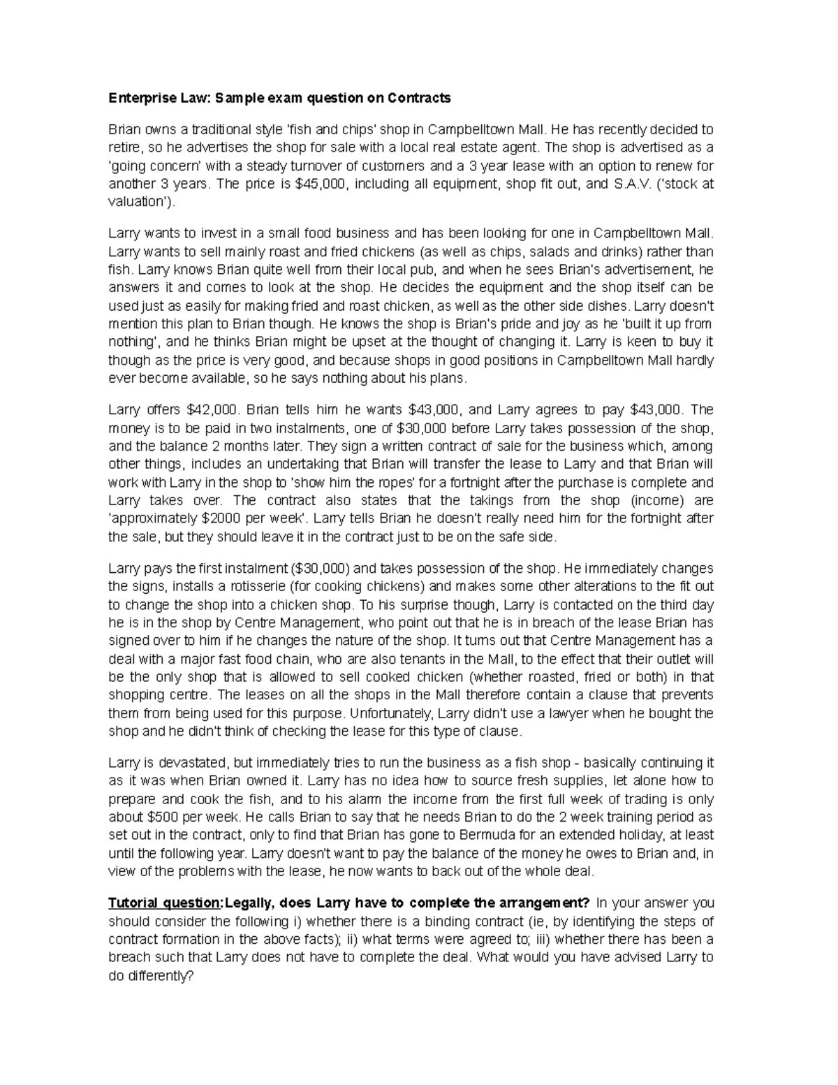 Business Law - Sample exam question - Enterprise Law: Sample exam ...