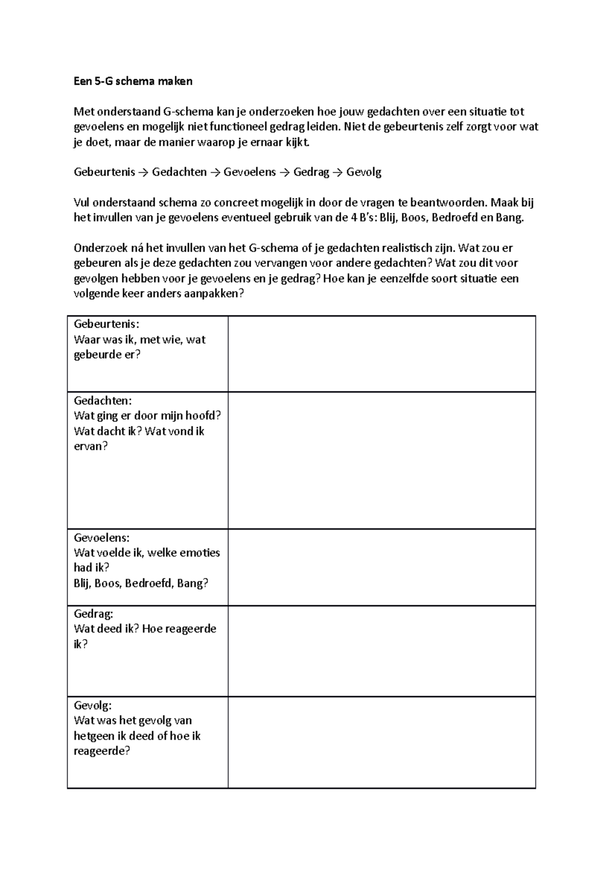 G-schema: Analyseren van Gedachten en Gevoelens in Situaties - Studeersnel
