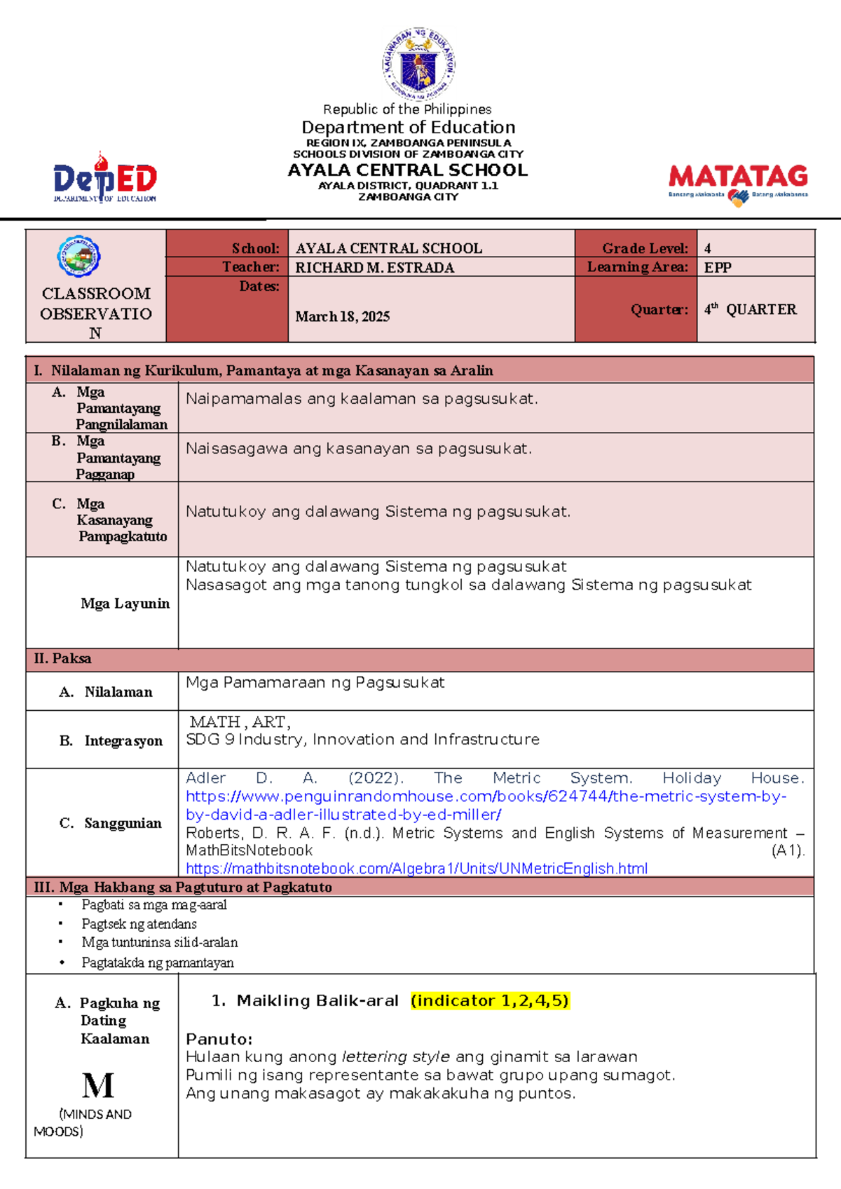EPP 4th Quarter Lesson Plan: Measurement Systems & Teaching Strategies ...