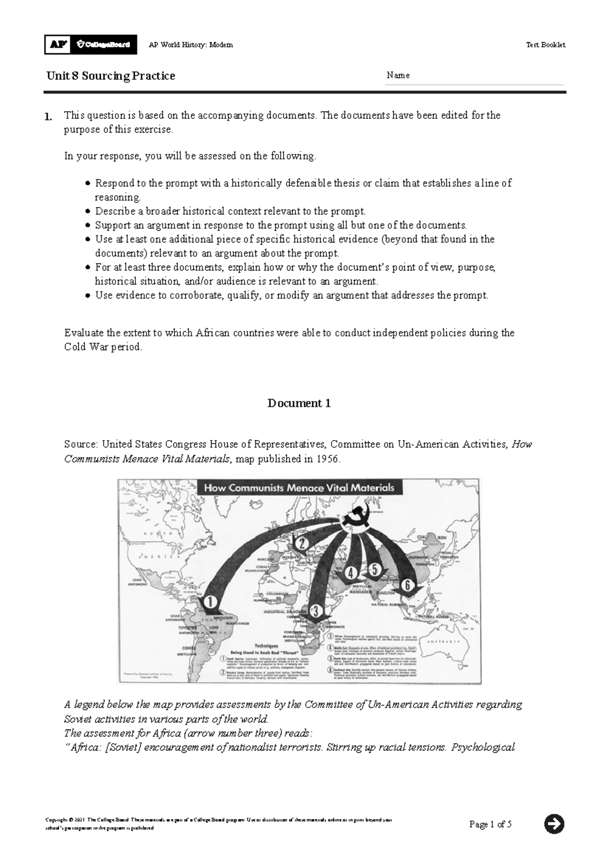 AP World History: Modern Unit 8 DBQ Sourcing Practice on Cold War ...