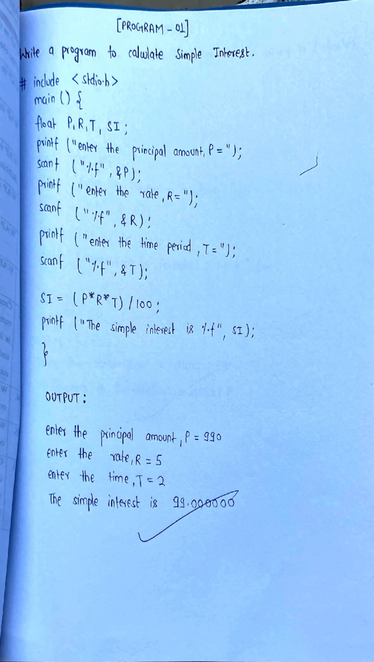 Book 10 Feb 2024 - PPS notes - 01 Write a program to calculate Simple ...