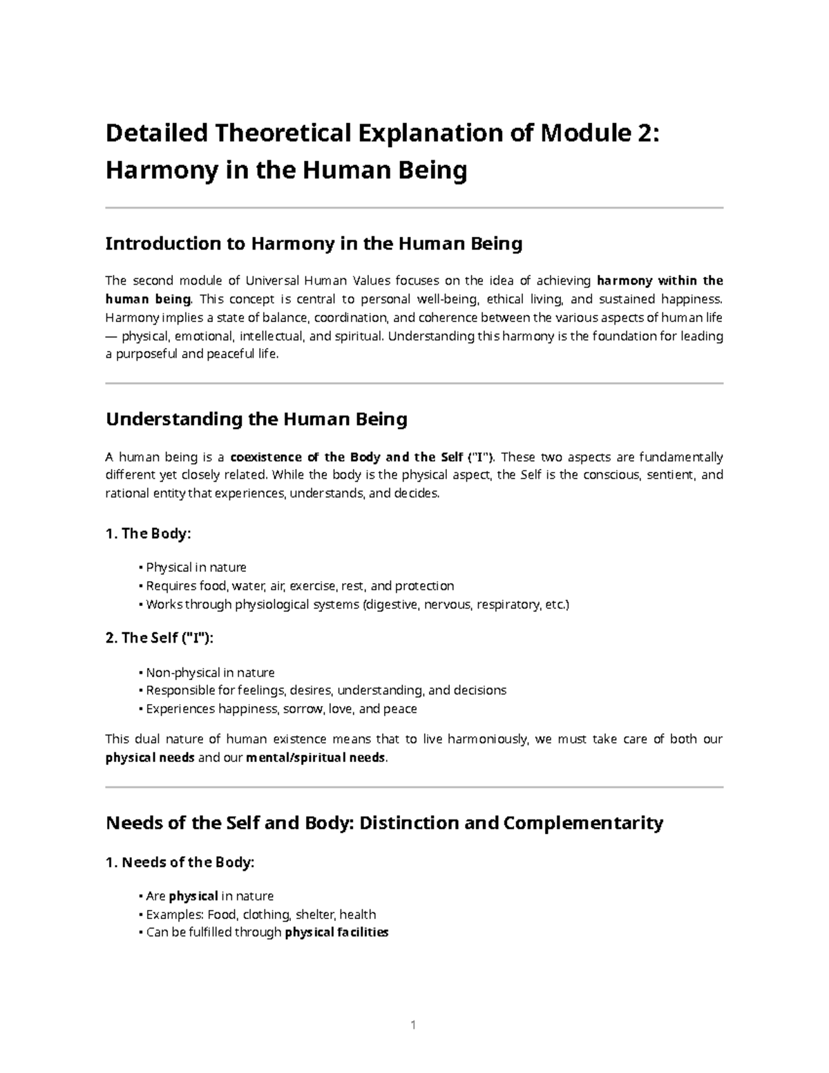 UHV Module 2: Harmony in the Human Being - Detailed Notes - Studocu