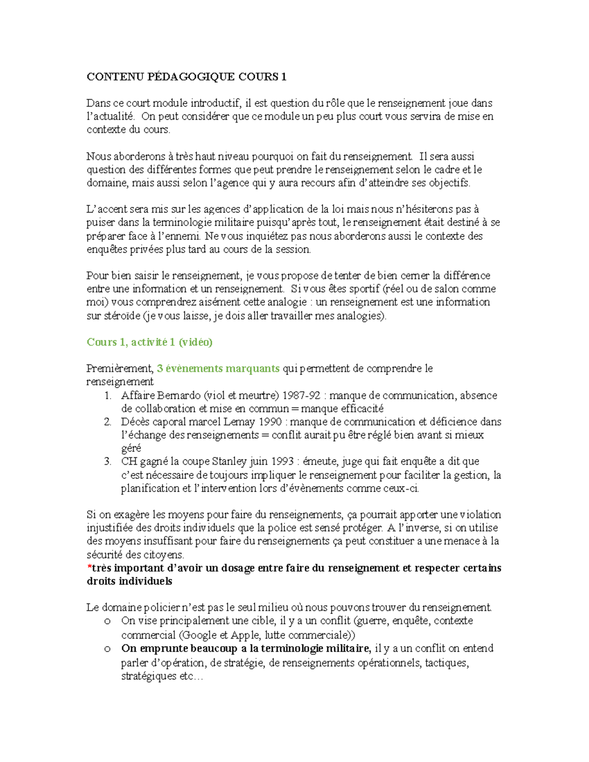 Le renseignement - Notes de cours SIP3090, Cours 1: Introduction et ...