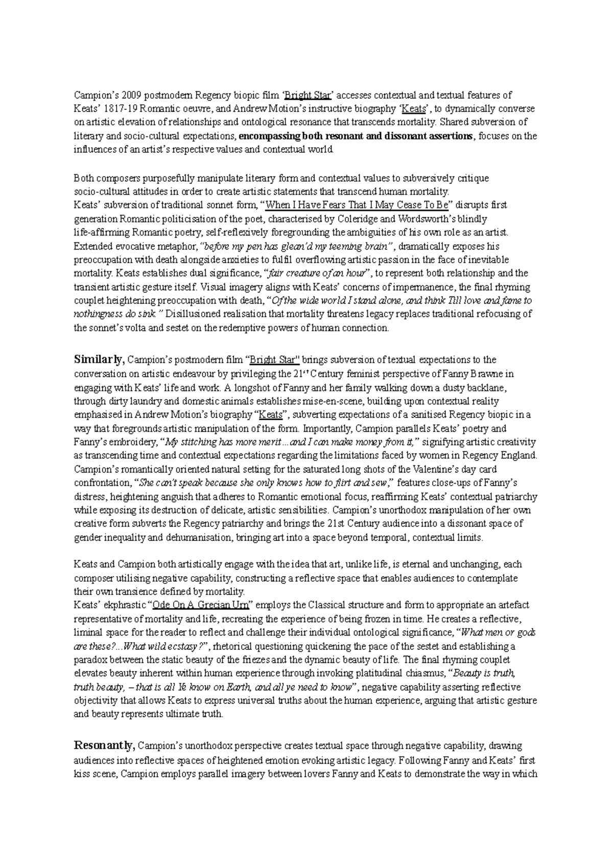 J Mod A Keats & Campion: HSC Essay on Art, Mortality & Gender - Studocu