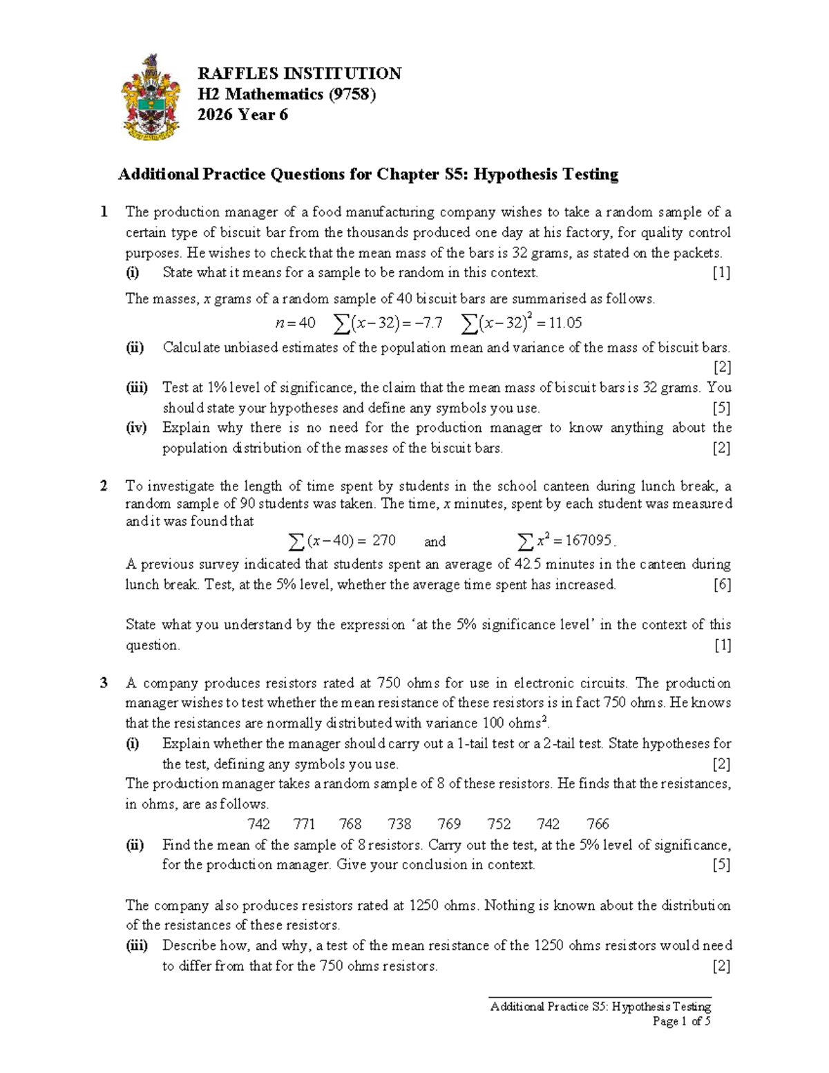 RAFFLES INSTITUTION H2 Mathematics (9758) 2026 Additional Practice on ...