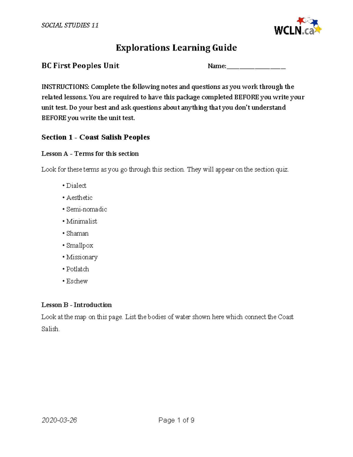 SS11EX Learning Guide: BC First Peoples Unit Notes - Studocu