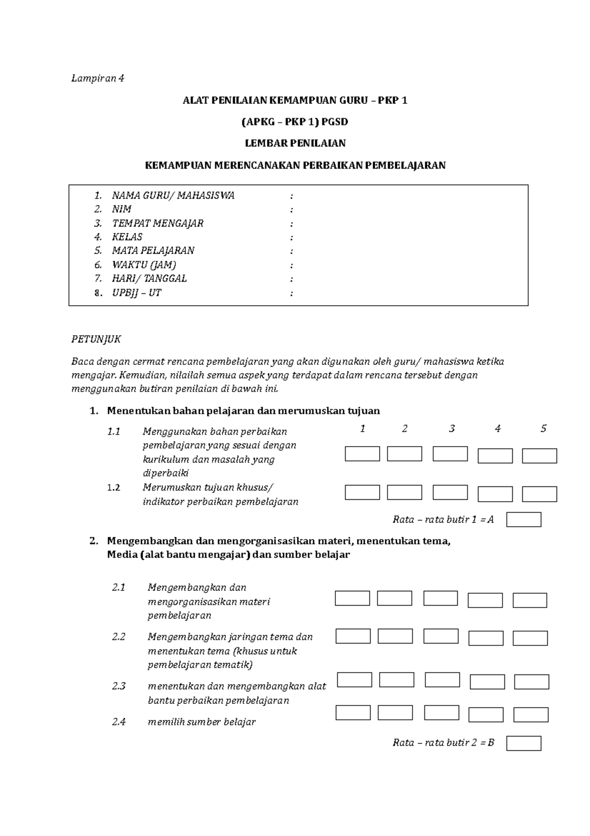 APKG 1 - Format dan Petunjuk Penilaian Kemampuan Guru di PGSD - Studocu