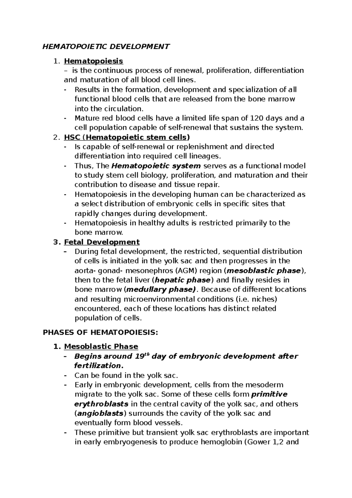 HSC 101: Phases of Hematopoietic Development and Function - Studocu