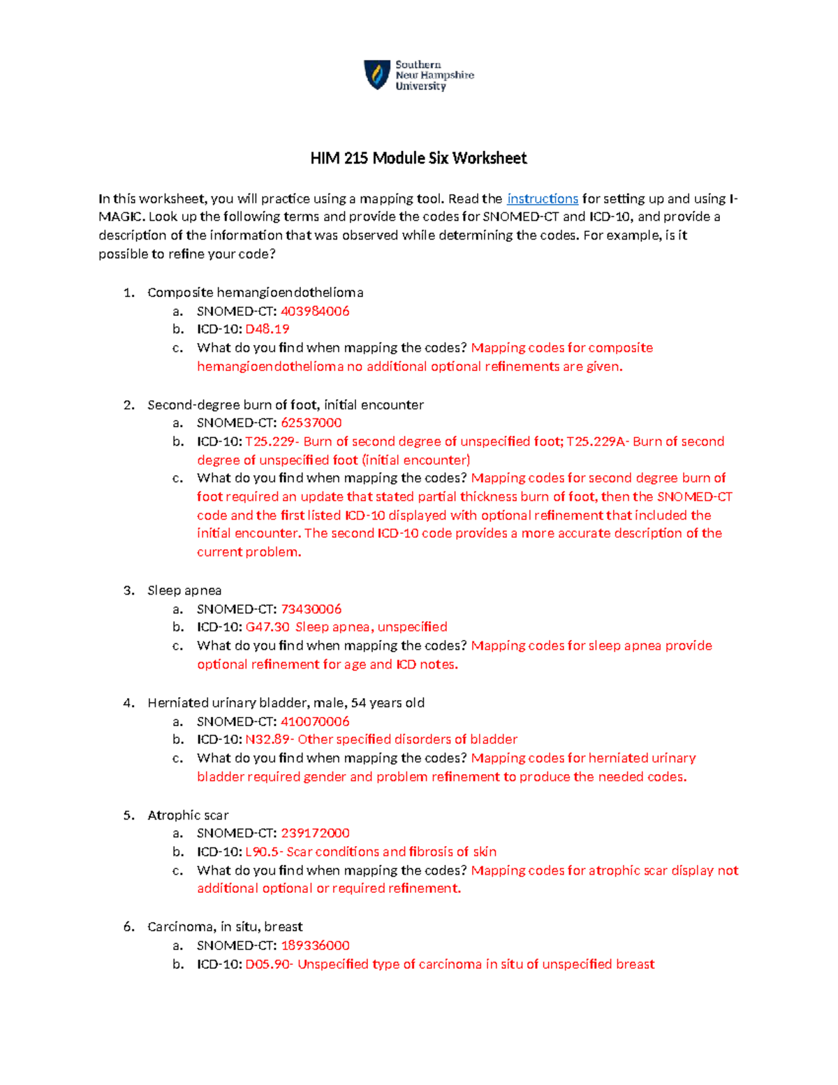 HIM-215-15166 Module 6 Worksheet: Code Mapping & Descriptions - Studocu
