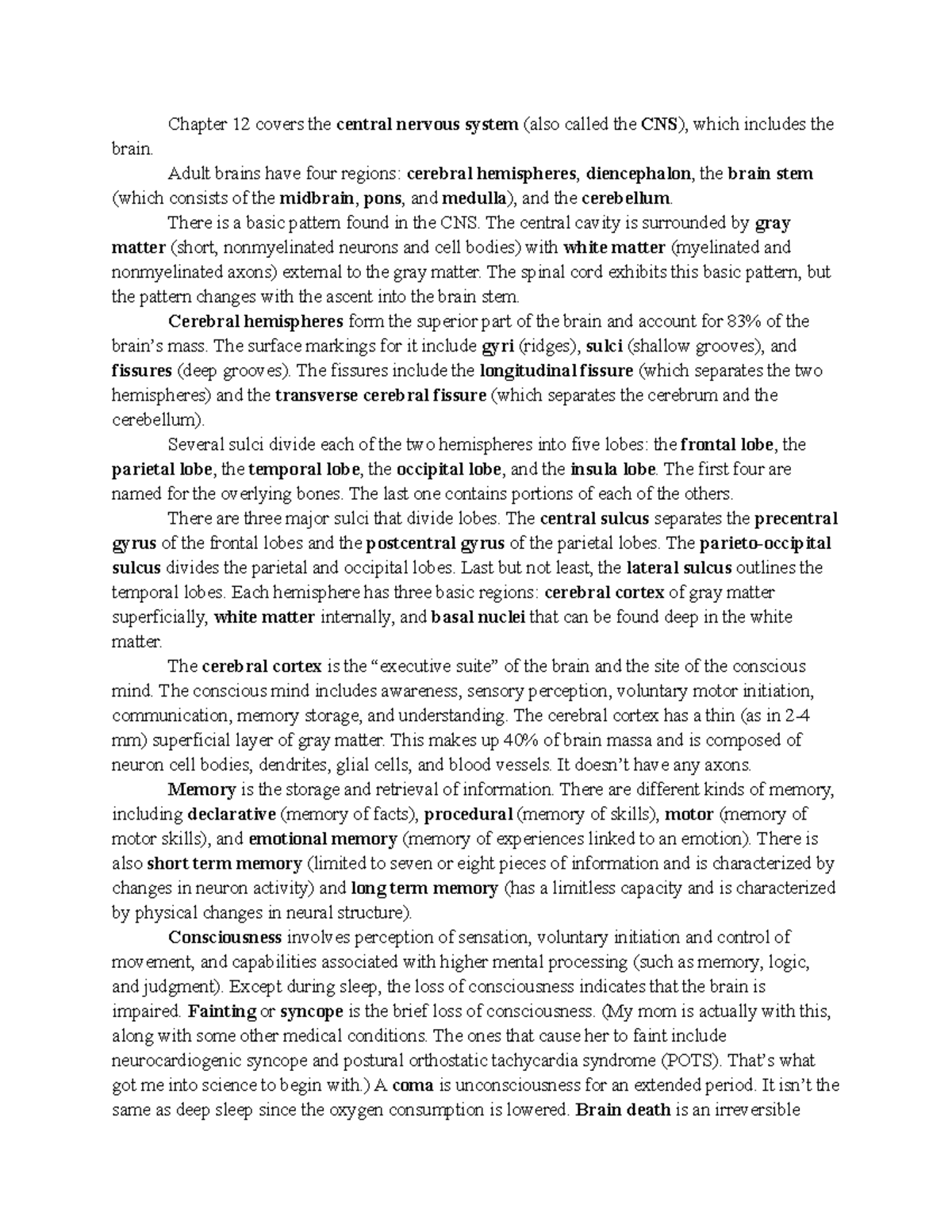 Cheroske Chapter 12 Lecture Summary - Chapter 12 covers the central ...