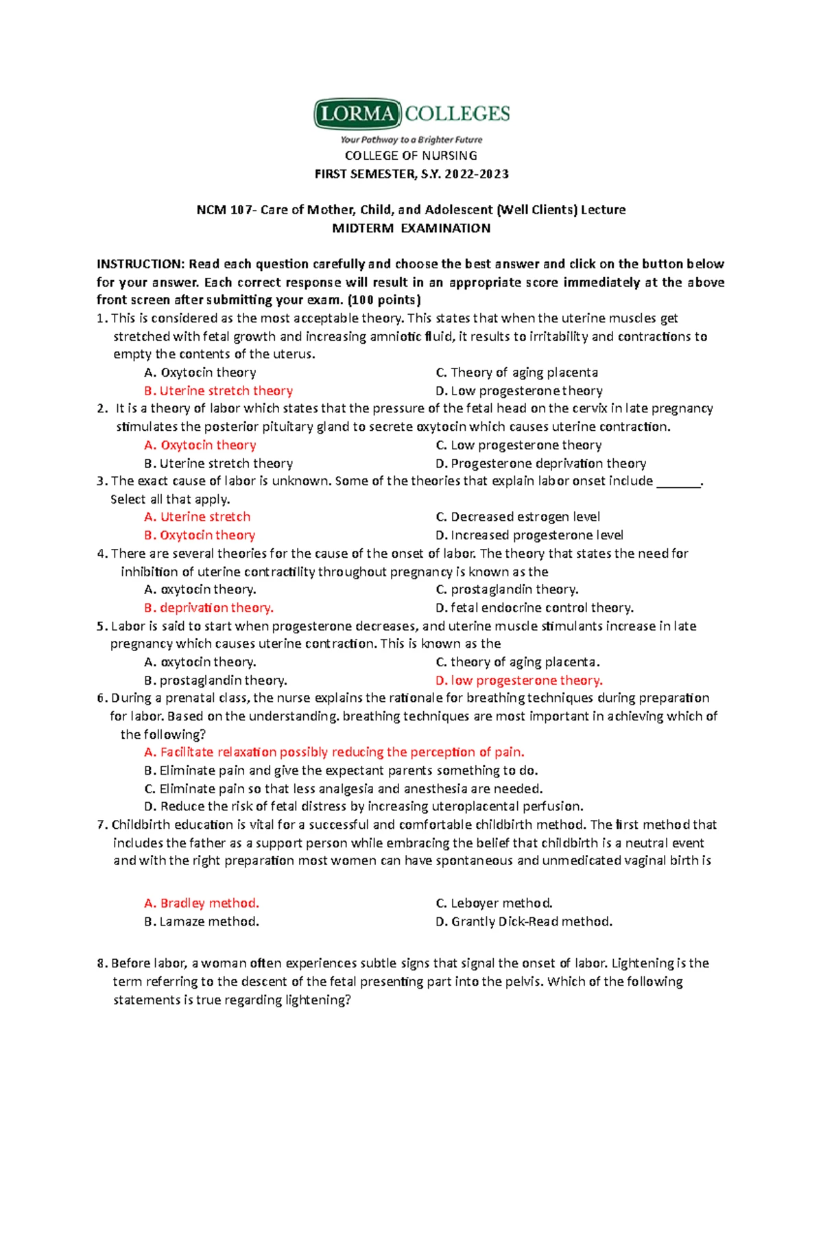 NCM 107 lec Midterm exam with answers - COLLEGE OF NURSING FIRST SEMESTER, S. 2022- NCM 107 ...